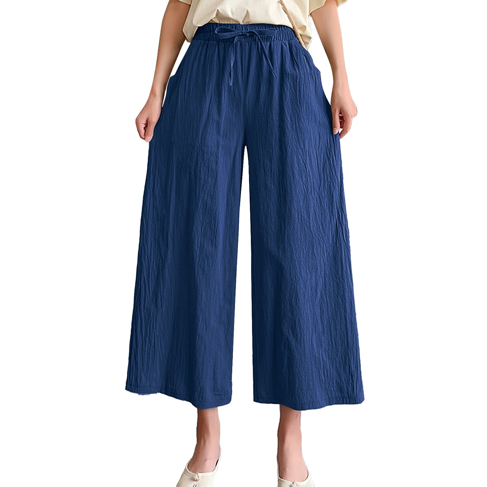 Yotmkgdo Bell Bottoms Women Solid Casual Pocket Elastic Waist Belt