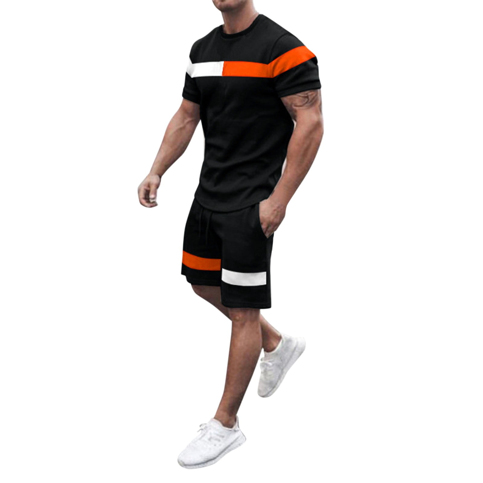 YOTMKGDO O Neck Mens Shorts Men Striped Squares Tracksuit 2 Piece ...