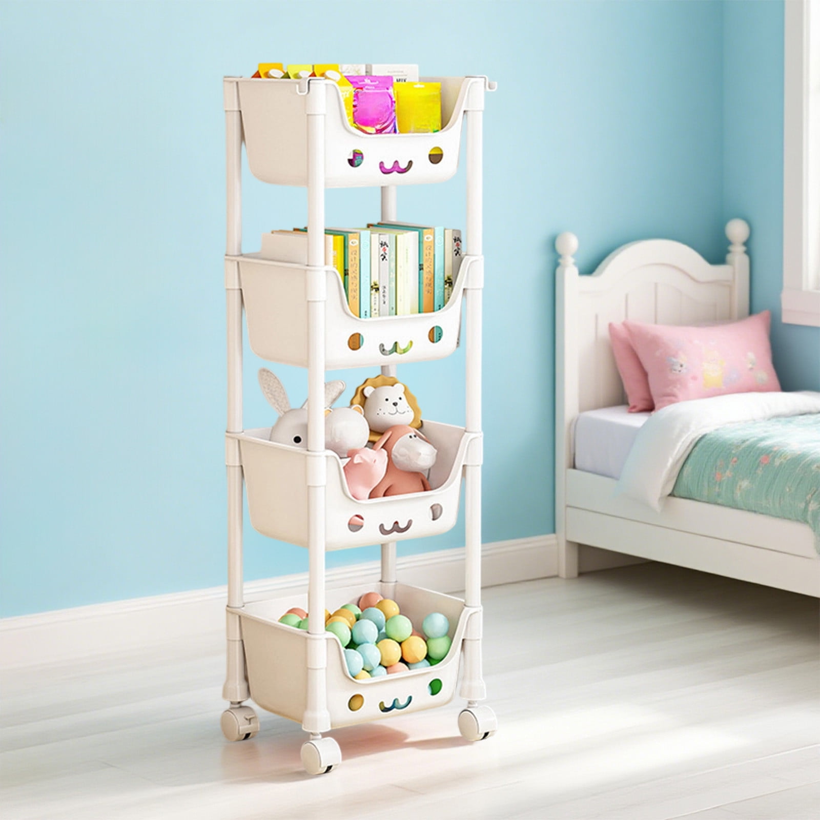 YOTQUSKI 4 Tier Rolling Utility Cart, Book Toy Rnack Shelf, Movable ...