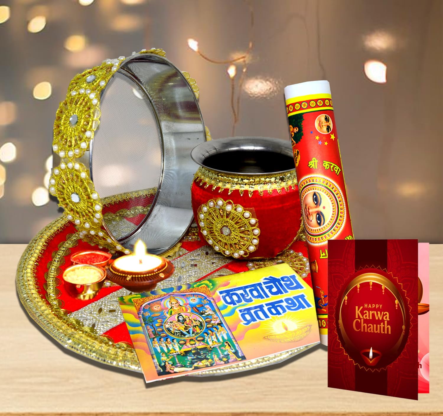 ME YOU Karwa Chauth Complete Thali Set Indian Traditional Handcrafted Designer Karwachauth Steel ...