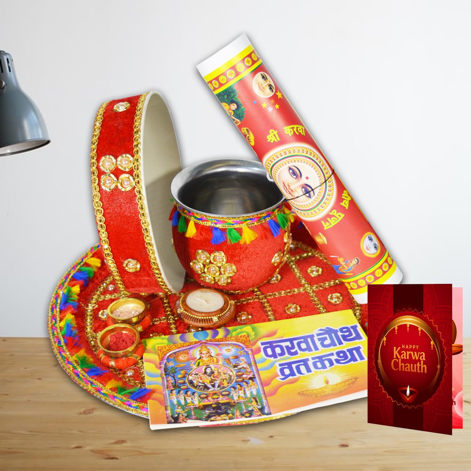 ME YOU Karwa Chauth Vrat Thali Set Thali Pack8 Thali Lota Calendar Story Book Channi Roli Akshat ...