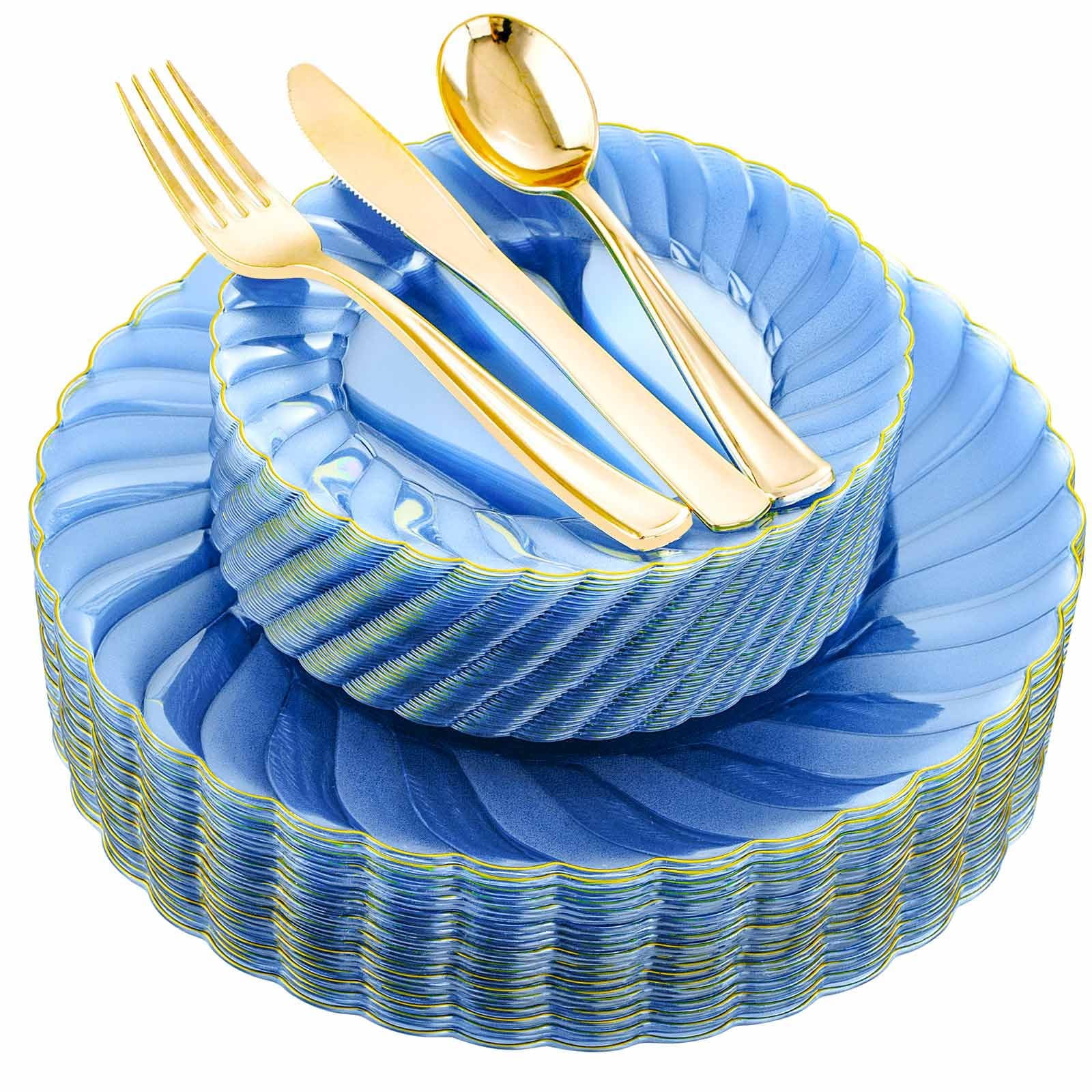 YOUBET 125PCS Clear Blue AIF9 Gold Plastic Plates - Blue Disposable ...
