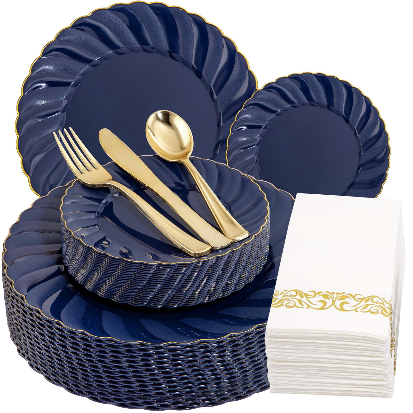YOUBET 150PCS Blue Plastic Plates - AFN1Gold Plastic Silverware - Navy ...