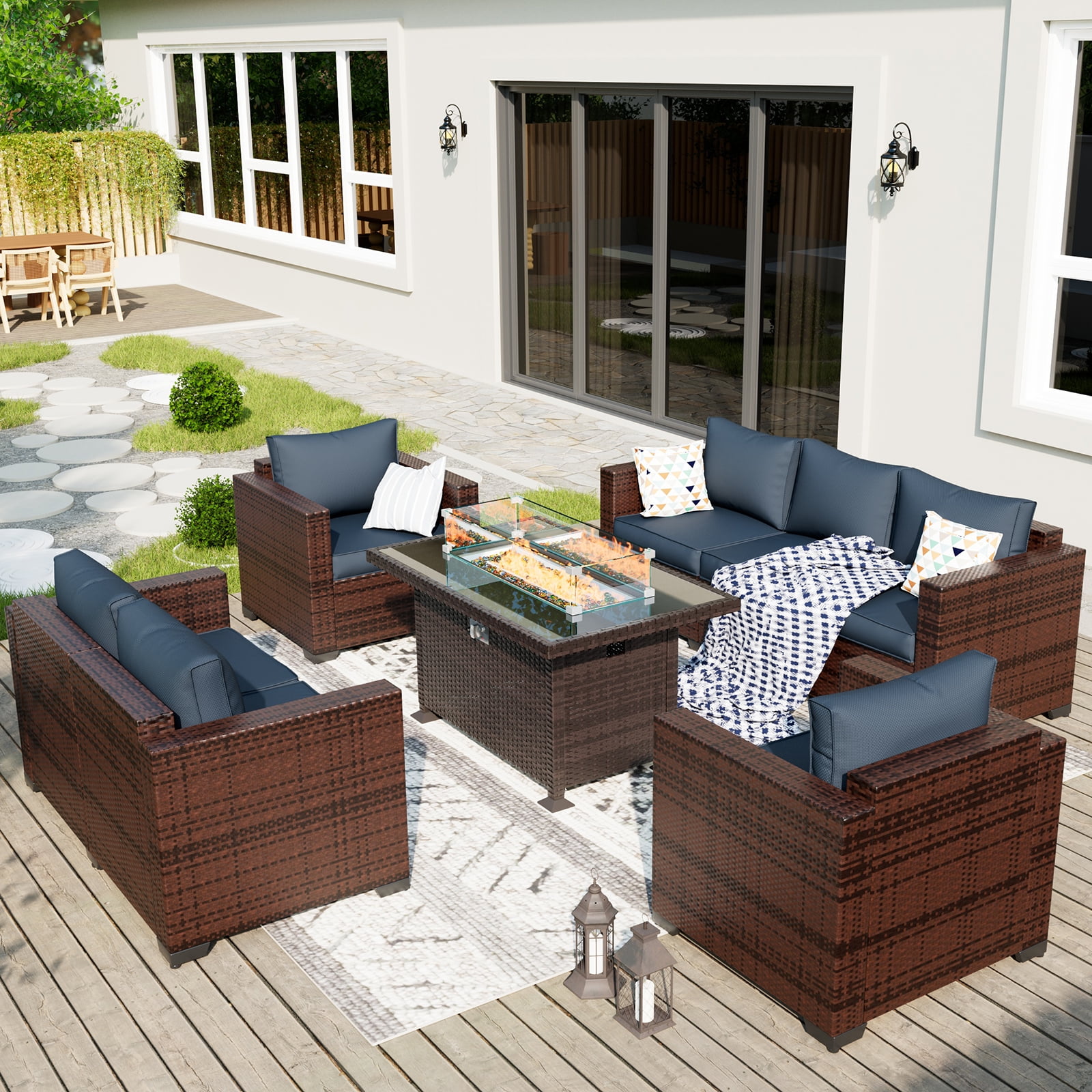YOUDENOVA 5-Piece Outdoor Wicker Furniture Set with Glass-Top Fire Pit ...