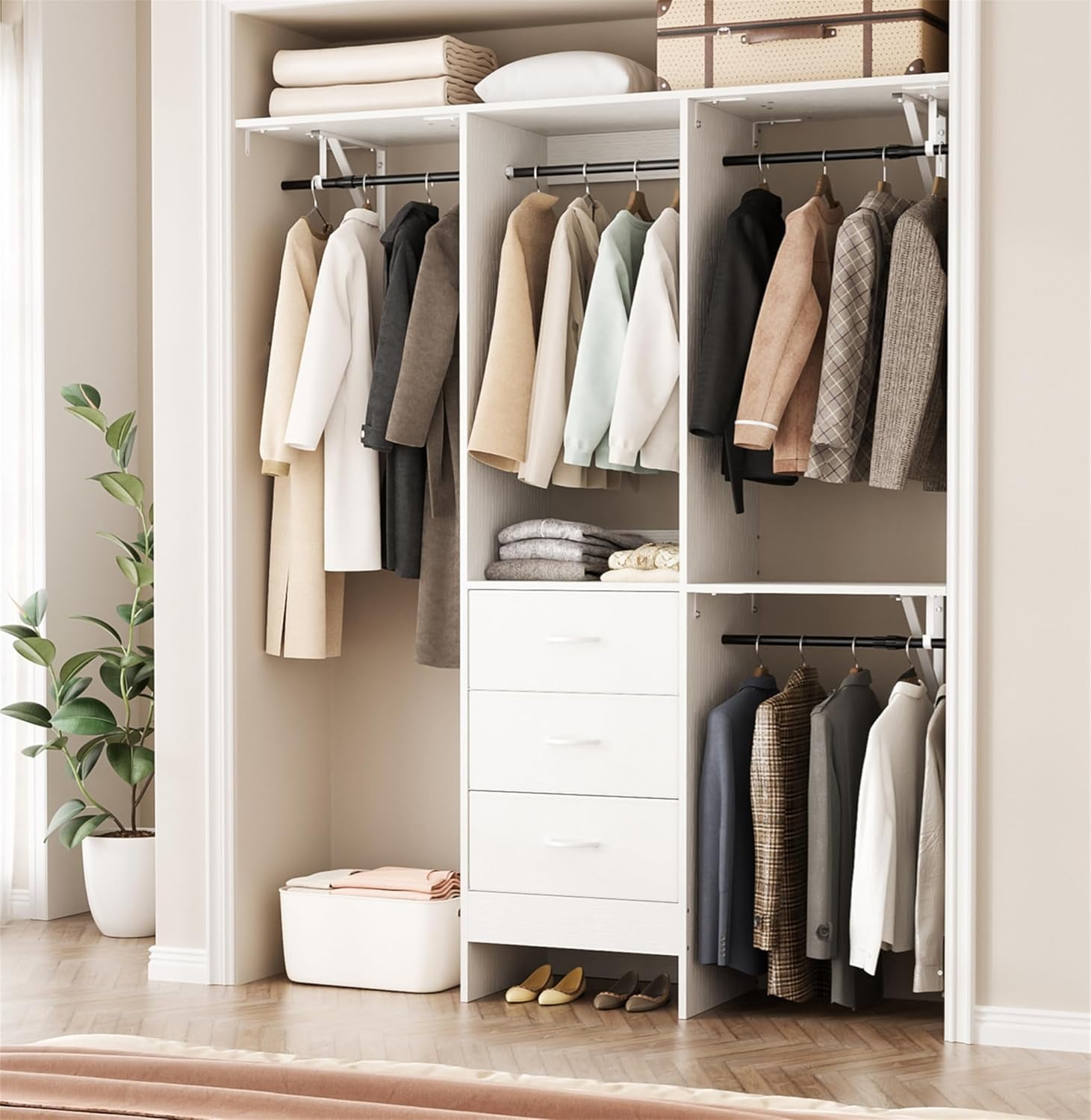 YOUDENOVA 5FT Closet System with 3 Drawers, 59 Inches Wood Closet ...