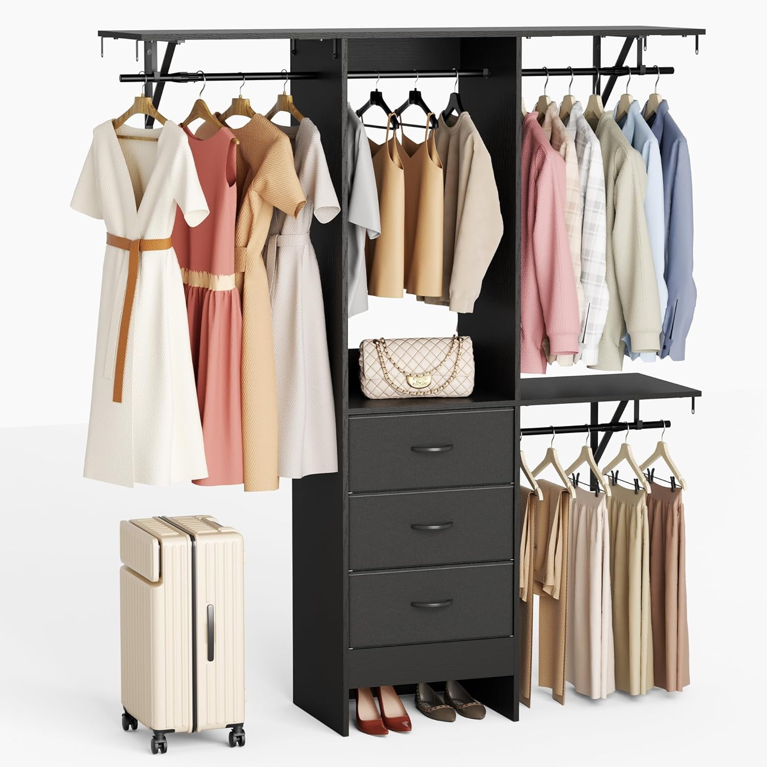 YOUDENOVA 5FT Wood Closet System with 3 Drawers, 59 Inches Wood Closet ...