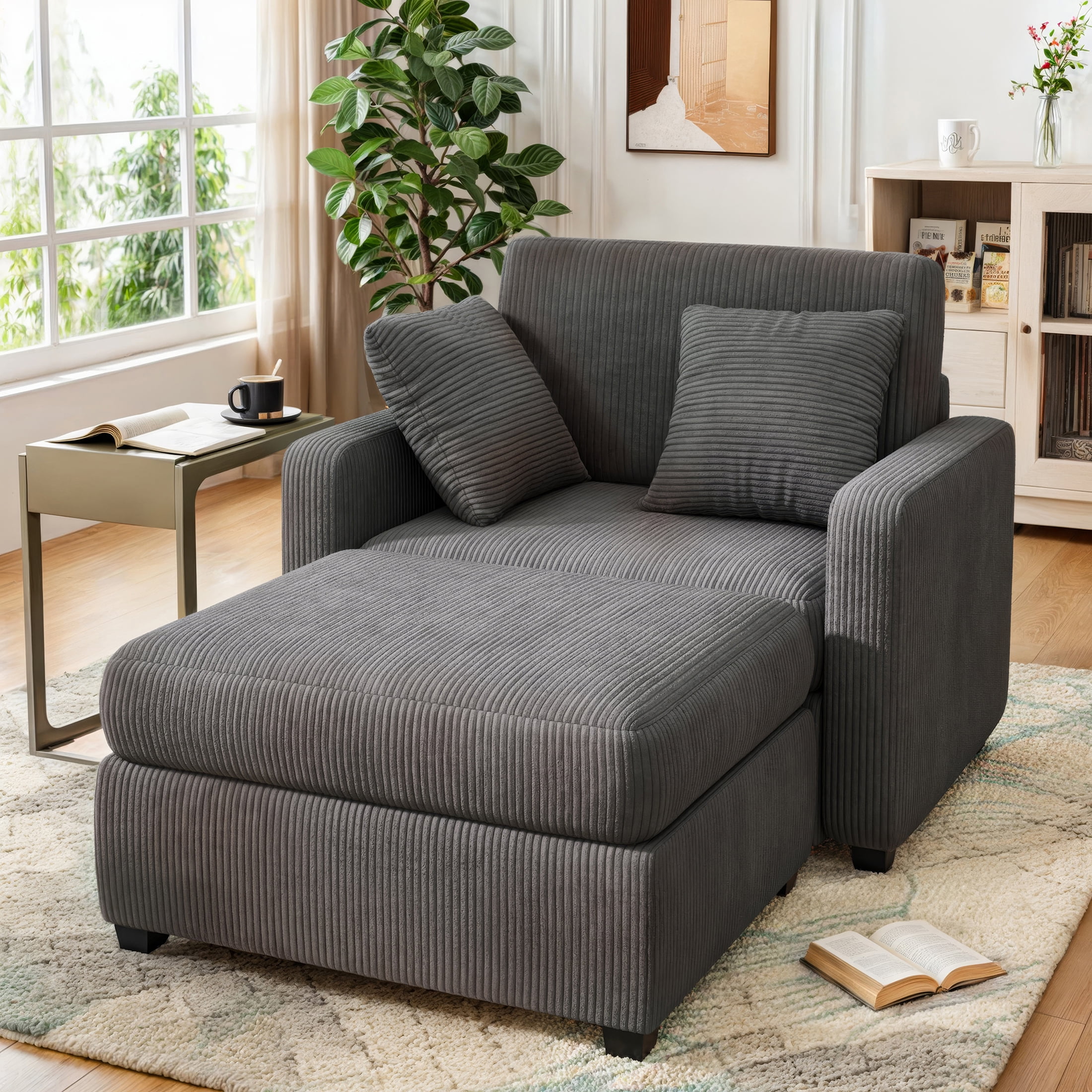 LUMIHO Chaise Lounge Chair Indoor, 42" Sleeper Chair with Two Throw Pillows and Armrests ...