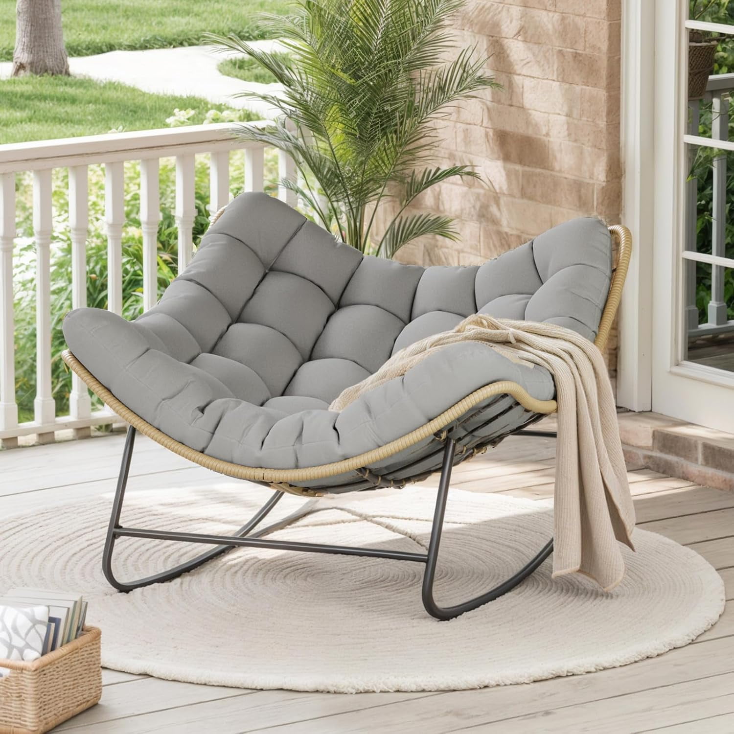 YOUDENOVA Outdoor Rocking Chair, Indoor Papasan Chair with Cushion ...