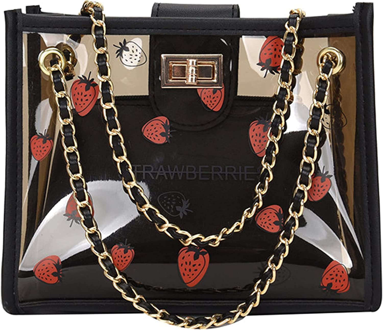 YOUI-GIFTS Handbags Set Clear PVC Shoulder Bag + Leather Bag strawberry ...