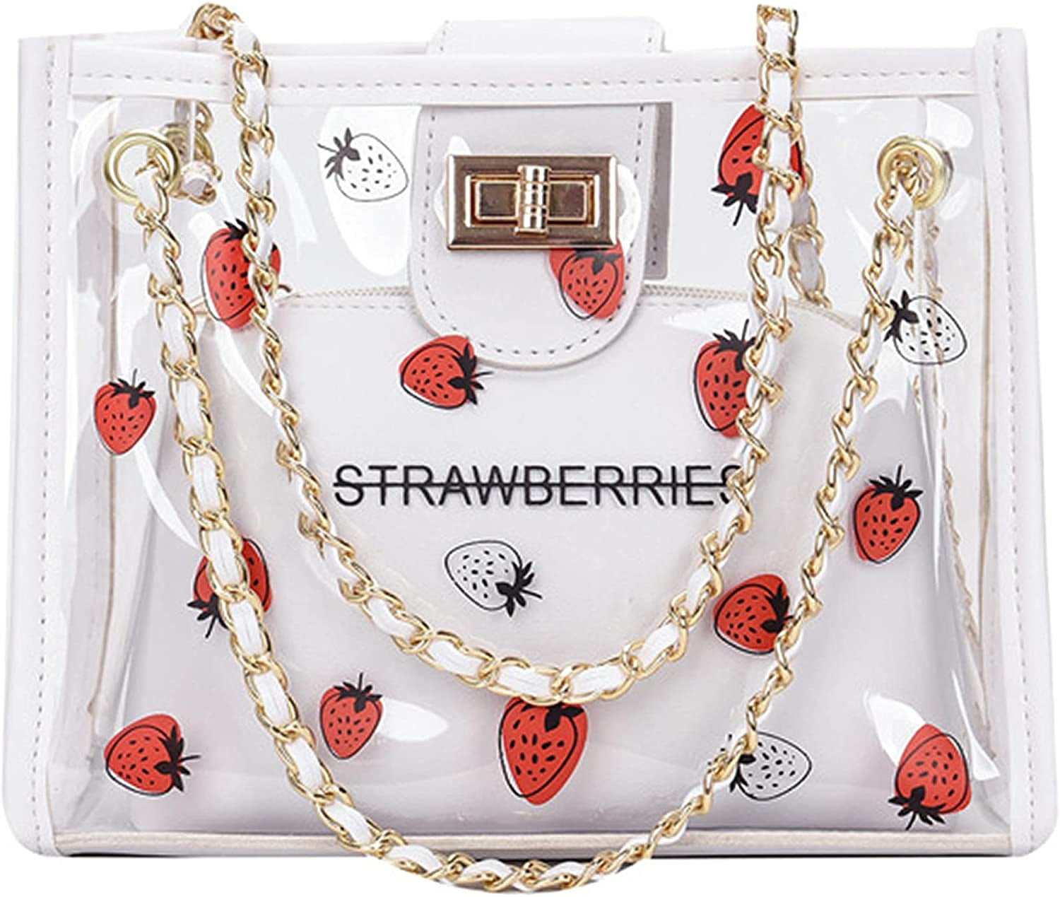 YOUI-GIFTS Handbags Set Clear PVC Shoulder Bag + Leather Bag strawberry ...