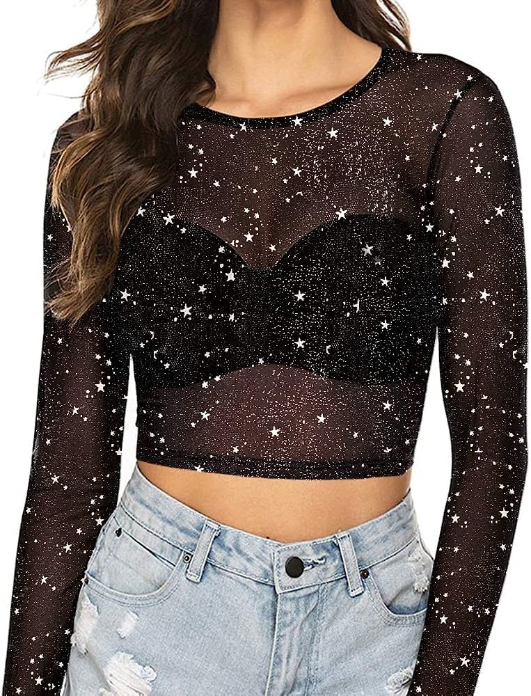 YOUI-GIFTS Women's Short Sleeve Long Sleeve Sheer Mesh Crop Tops Tee ...