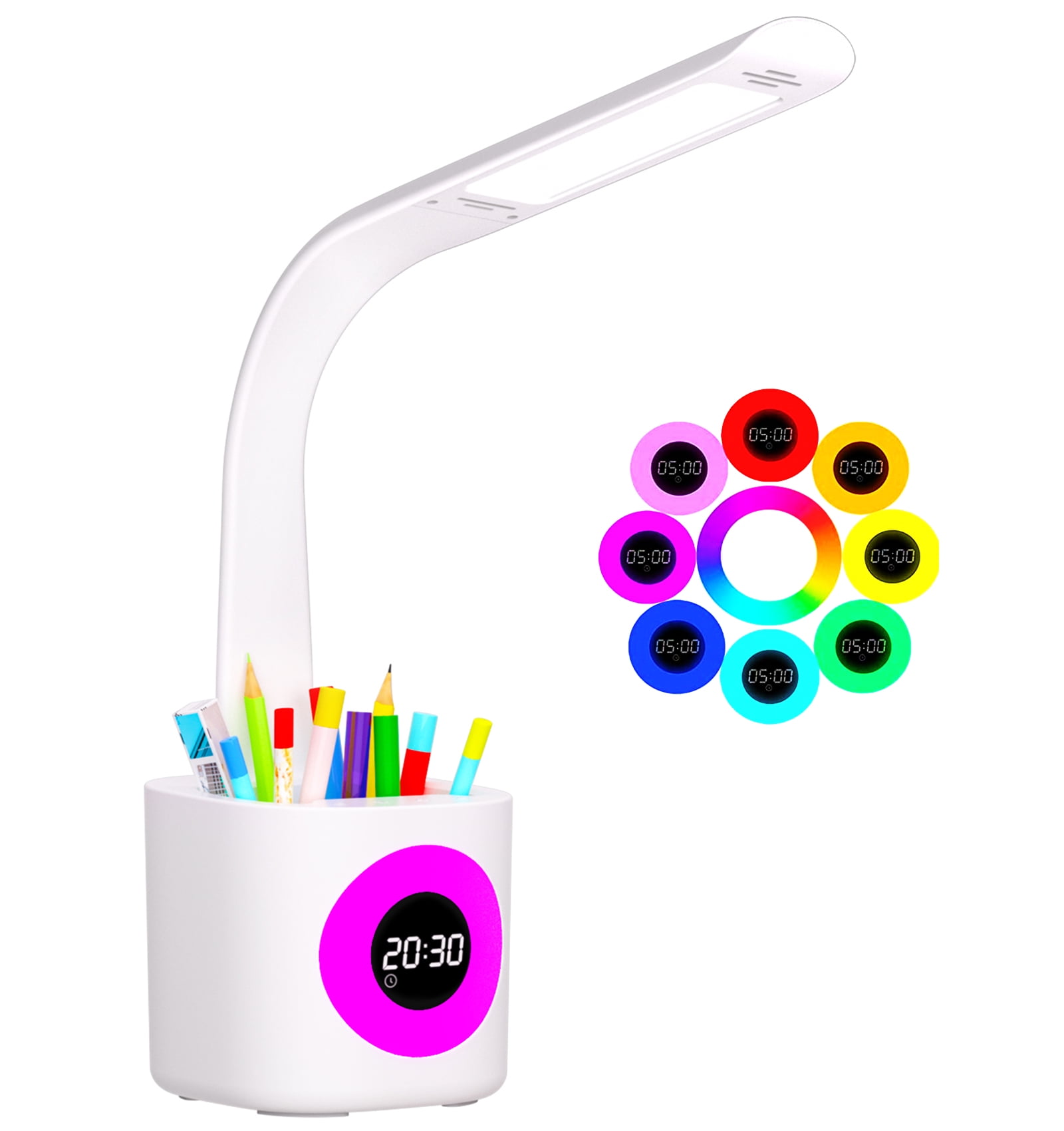 YOUKOYI LED Desk Lamp with Clock, Kids Desk Lamp, 10W Dimmable Study ...