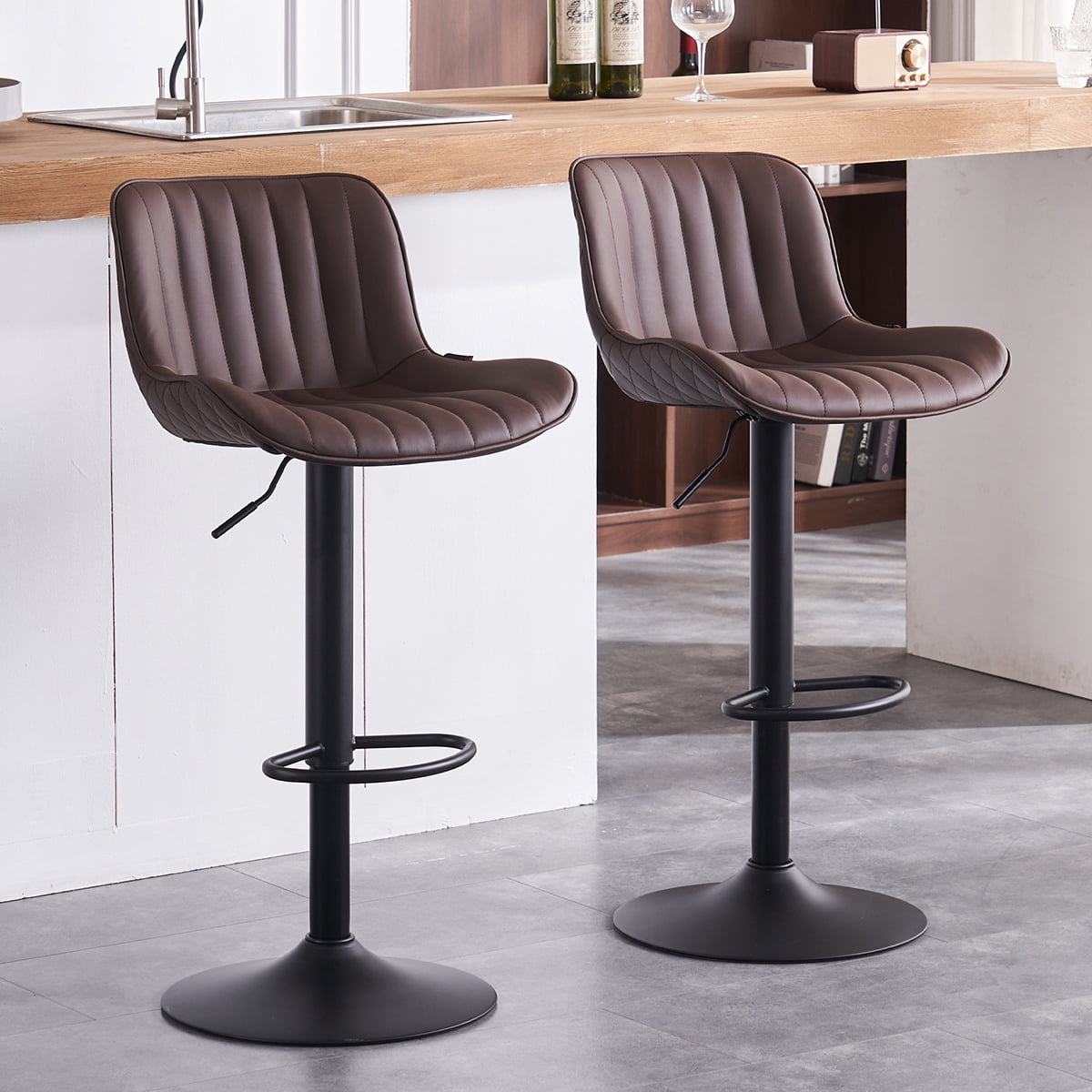 YOUNIKE Brown PU Bar Stools Set of 2, Comfortable and Adjustable 360 ...