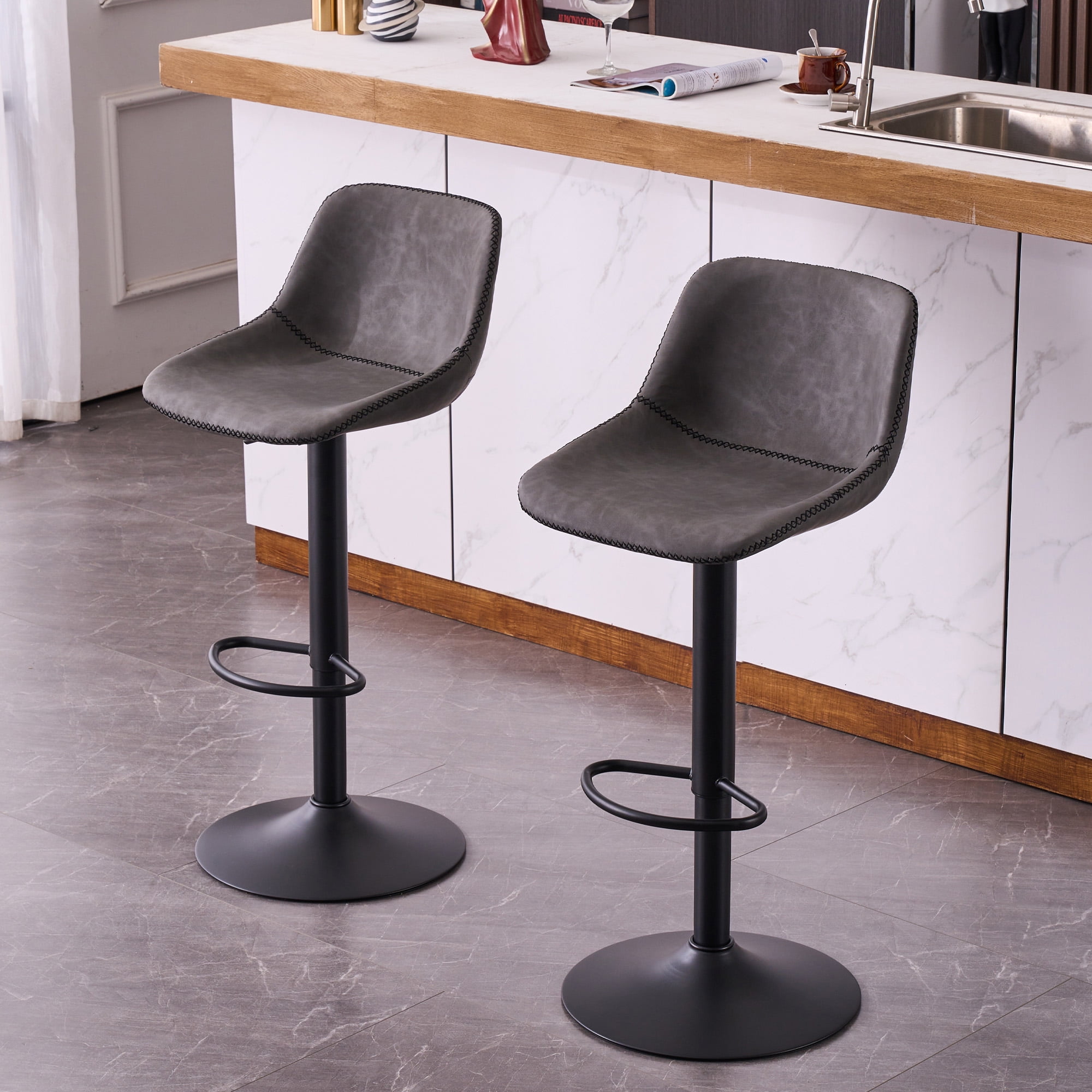 YOUNIKE Bar Stools Set of 2, Gray Comfortable PU Leather Swivel Counter ...