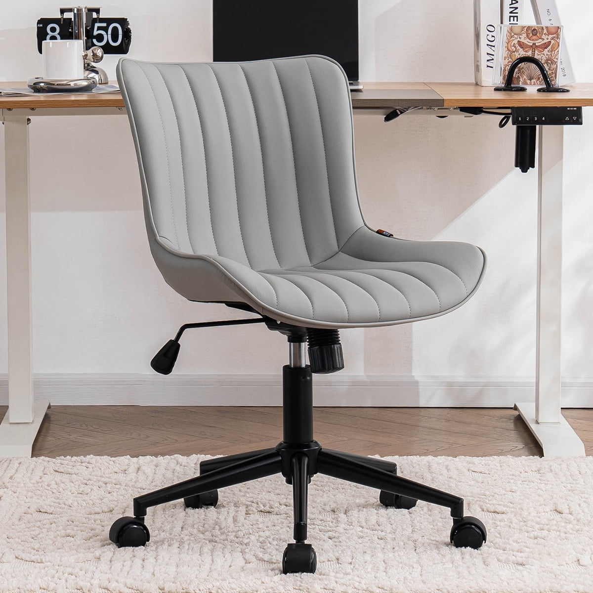 YOUNIKE Cute Armless Office Desk Chair Modern Upholstered Faux Leather ...