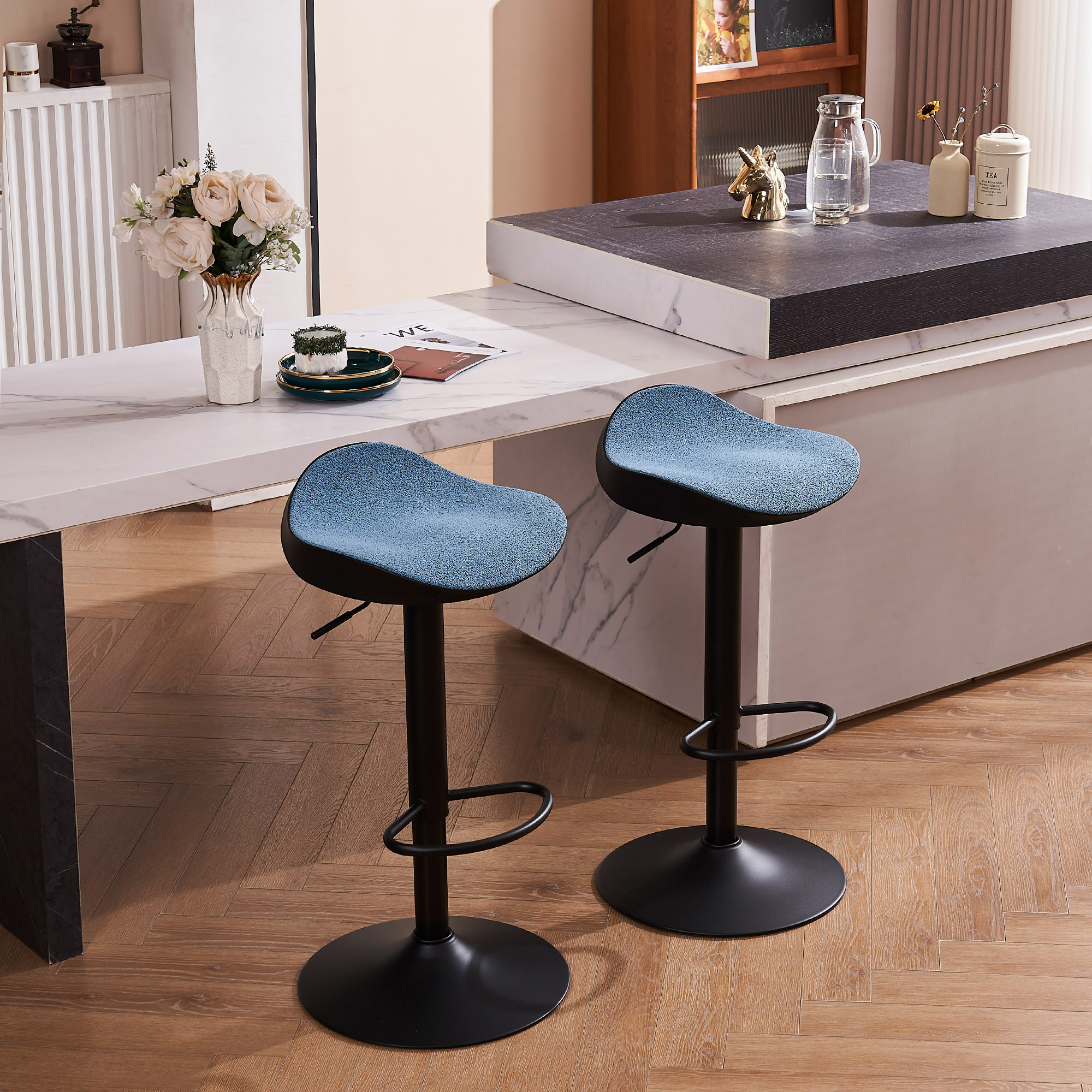 Morgan 31" Backless Bar Stool with Swivel, Navy Blue with Natural Rush ...