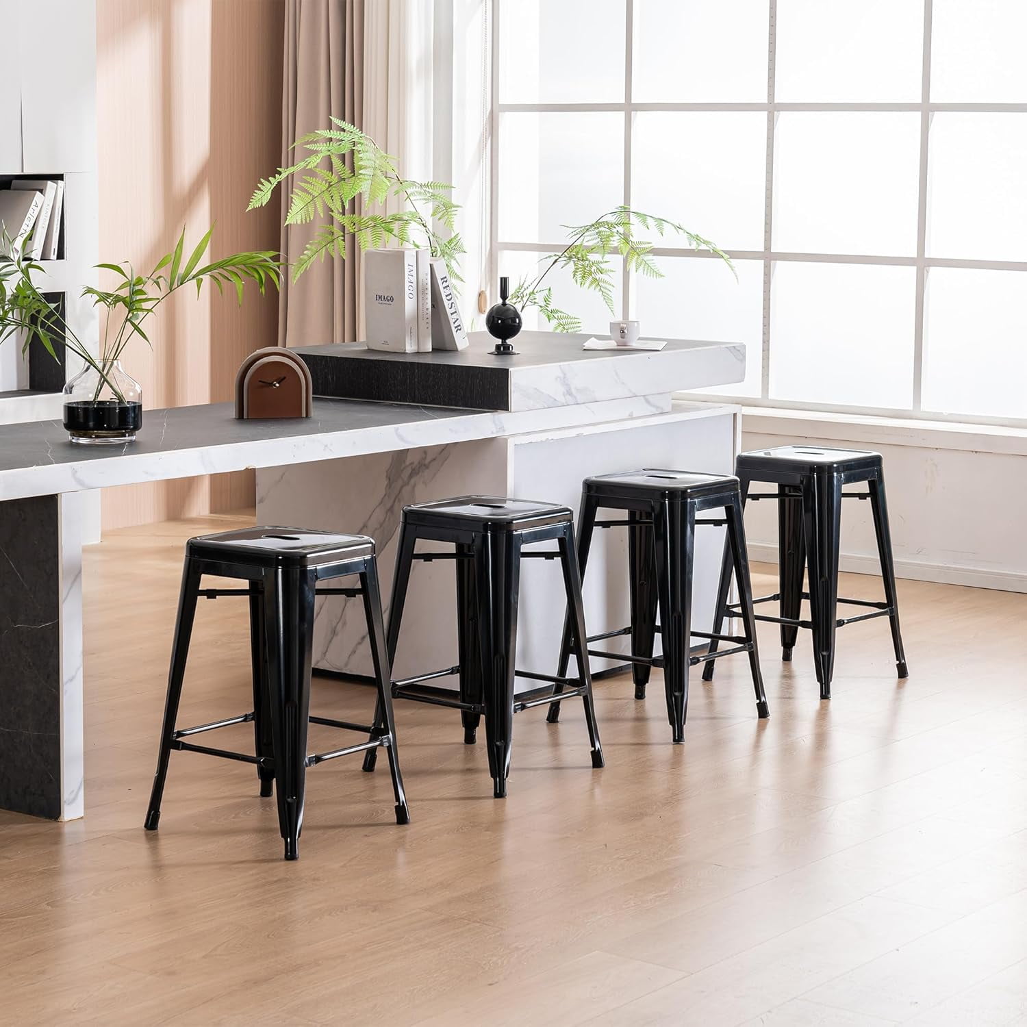 YOUNIKE Metal Black Bar Stools 24" Indoor Outdoor Stackable Barstools ...