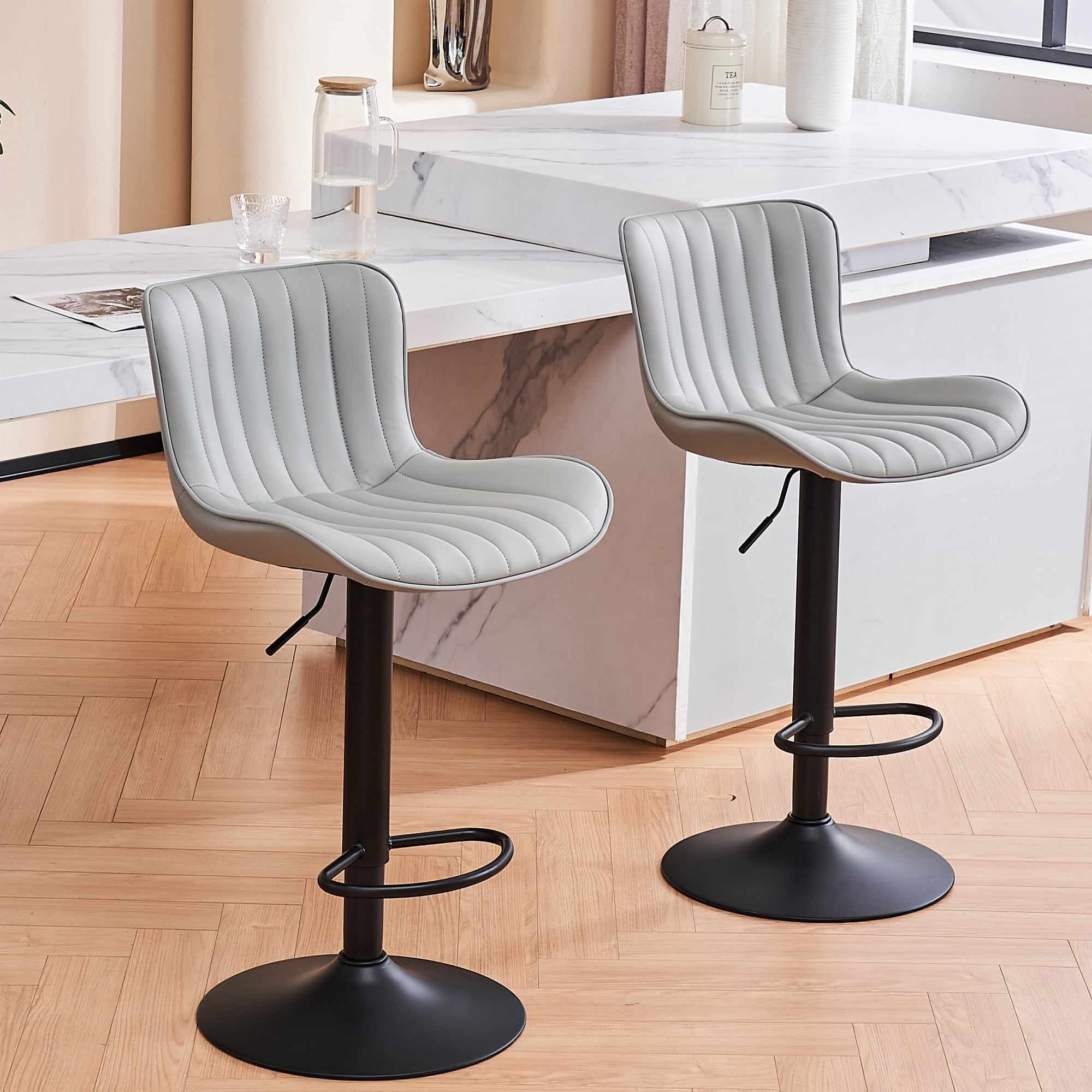 YOUNIKE Set of 2 Faux Leather Bar Stools with Back Swivel & Adjustable ...