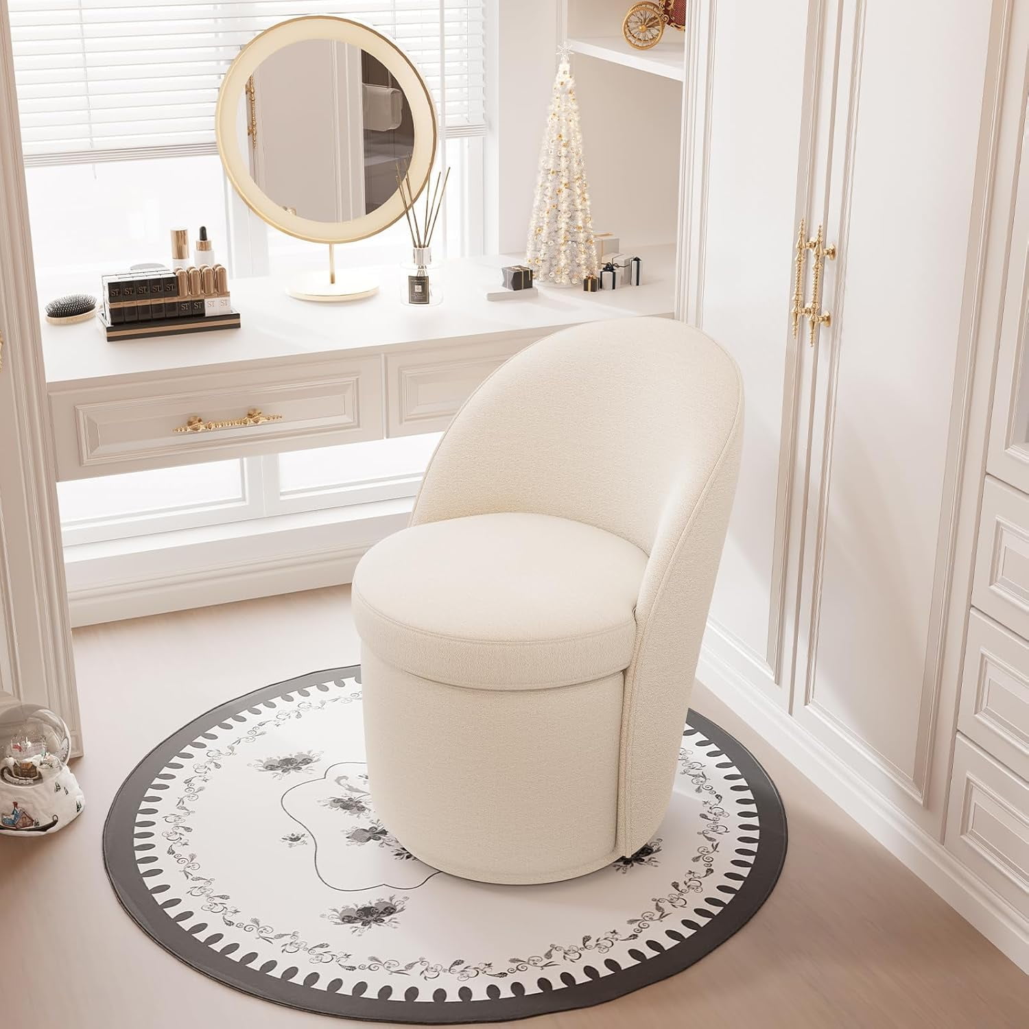 YOUNIKE Vanity Boucle Fabric White Solid Wood Swivel Accent Chair with ...