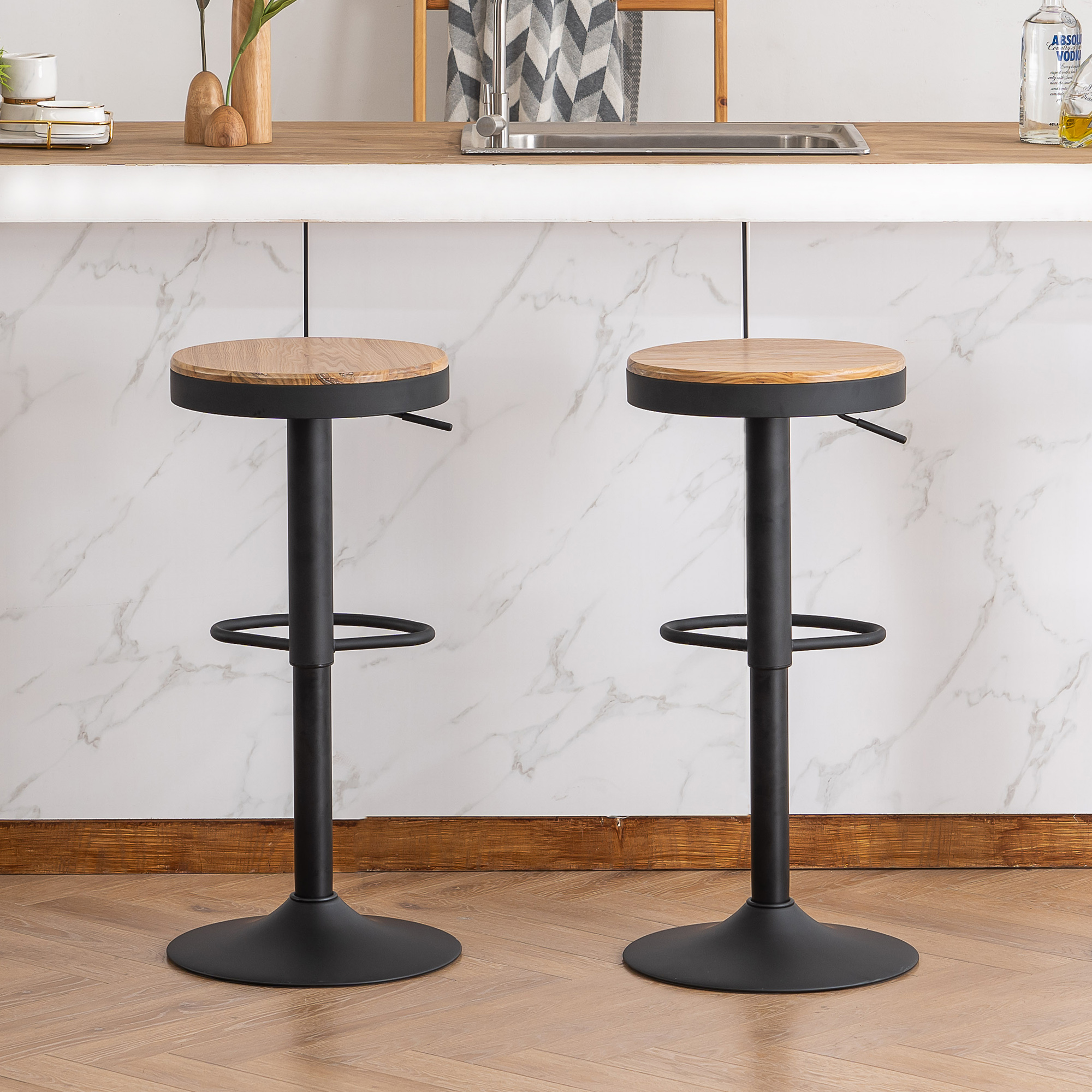 YOUNIKE Wooden Bar Stools Set of 2 Round Heigh Adjustable Black Kitchen ...