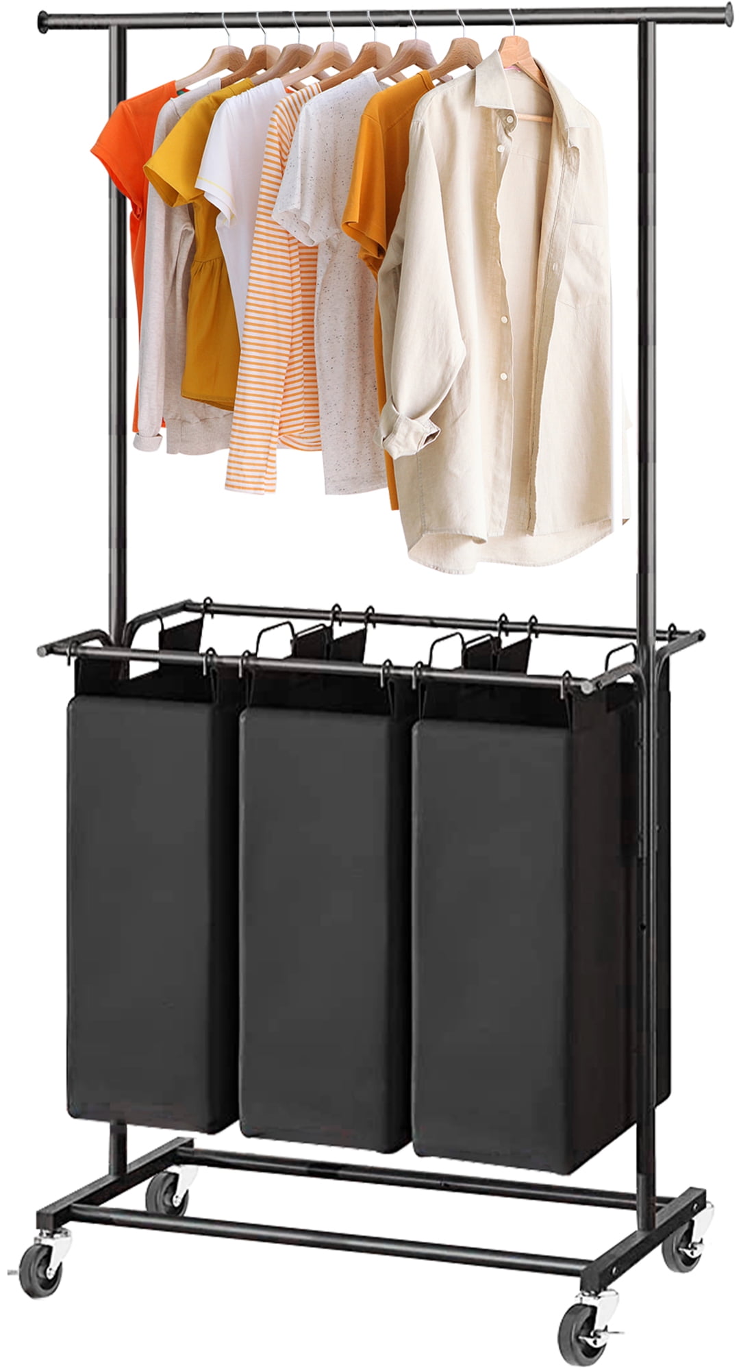 YOUPINS 3-Bag Laundry Sorter Cart with Hanging Bar, Heavy-Duty Rolling ...