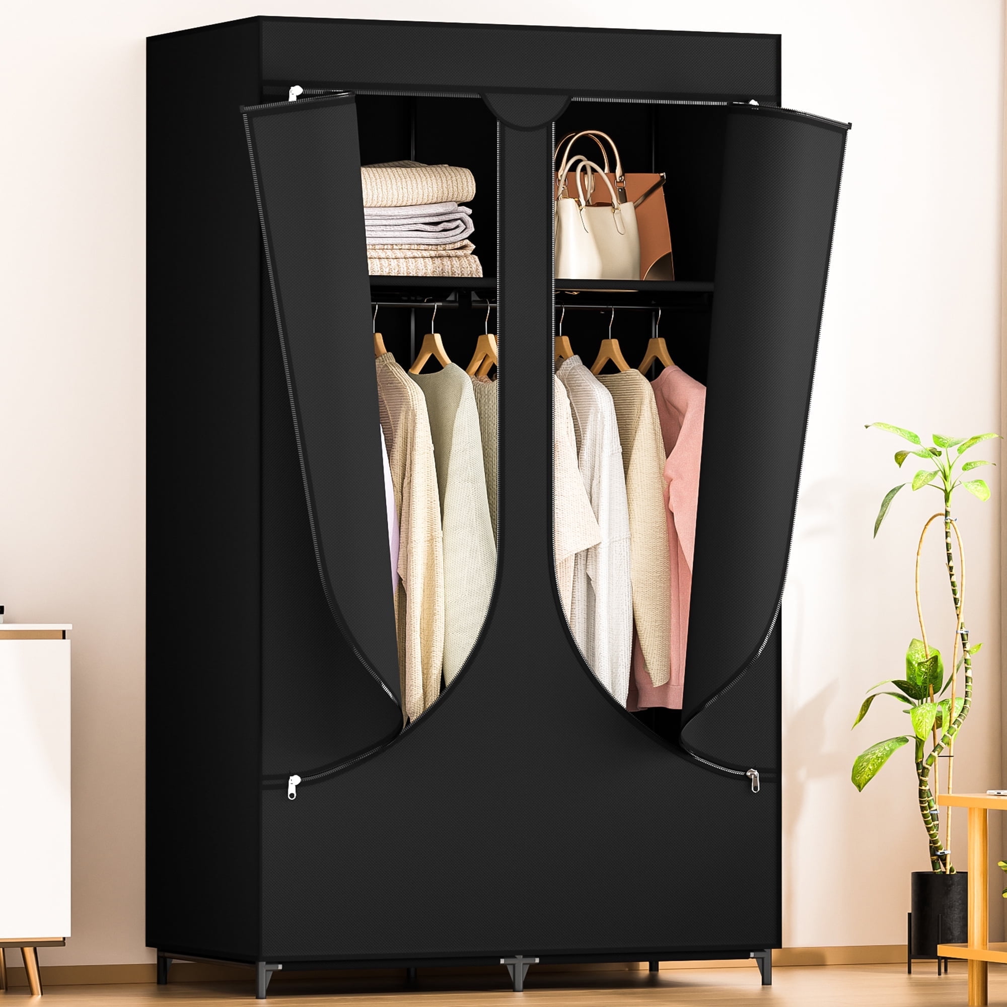 YOUPINS Clothes Organizer with Hanging Rod, Portable Closet, Dust-Proof ...