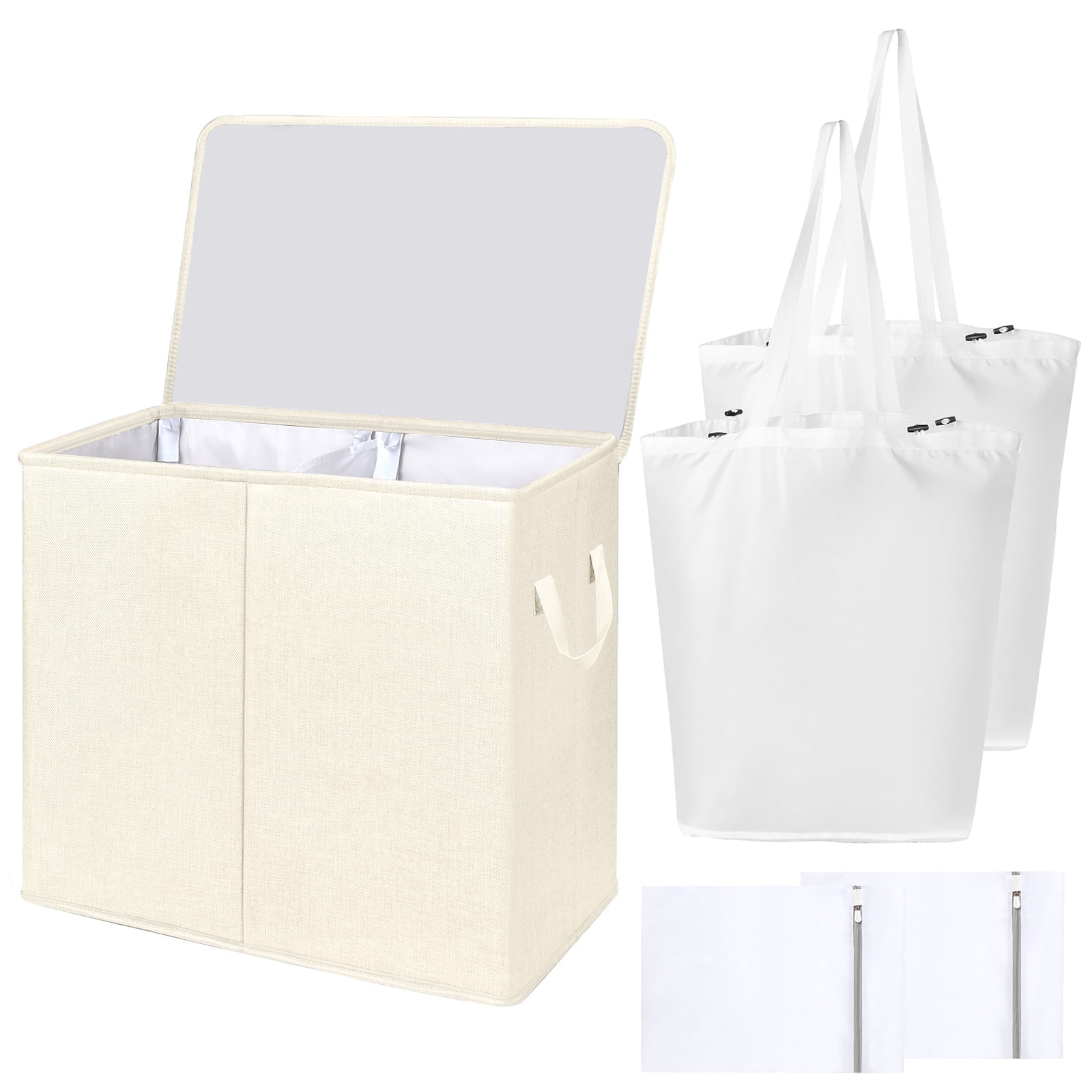 YOUPINS Beige XL Laundry Hamper: Collapsible, 2 Dividers, Lid ...