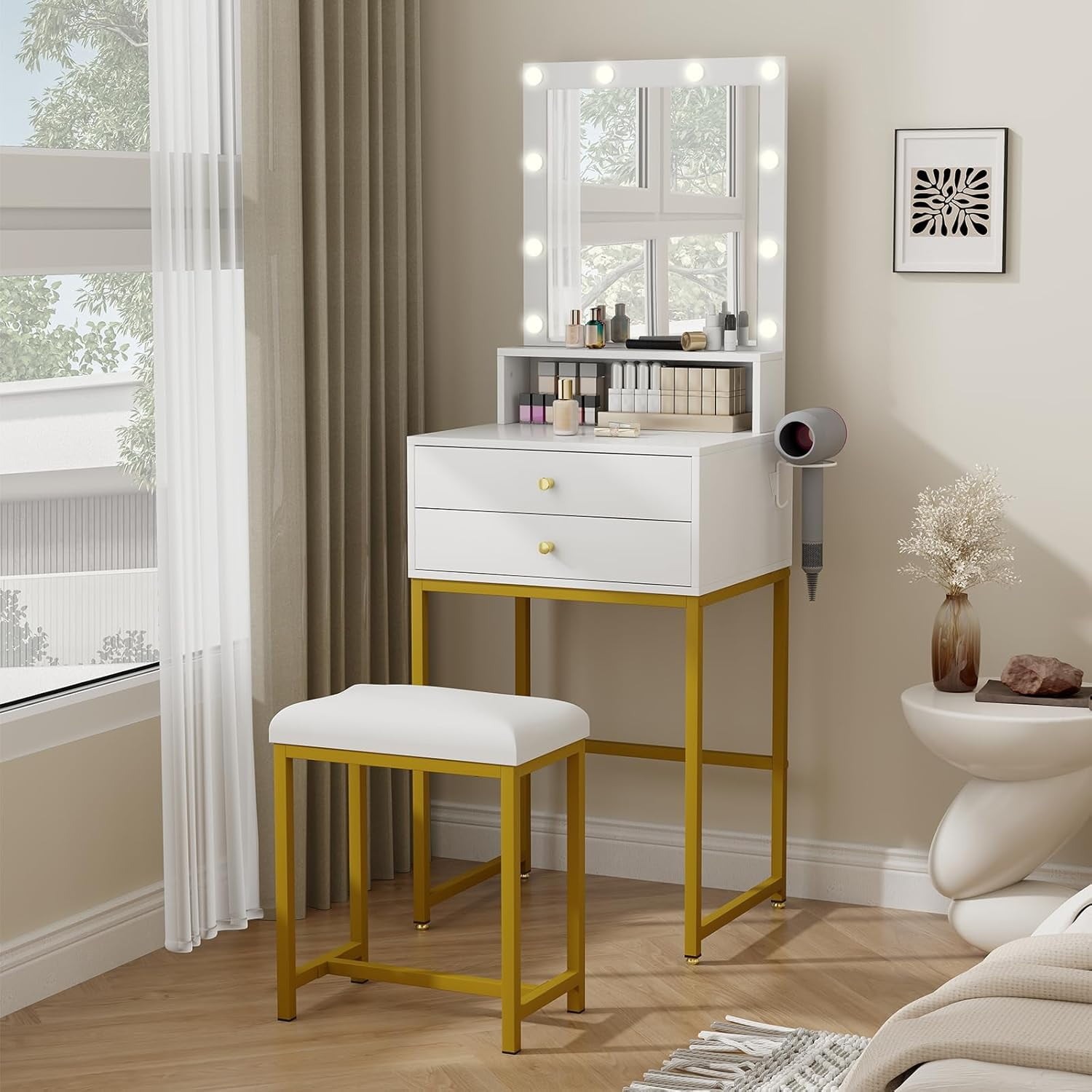 YOURLITE Small Makeup Vanity Desk Set, Compact Vanity Table with 3 ...