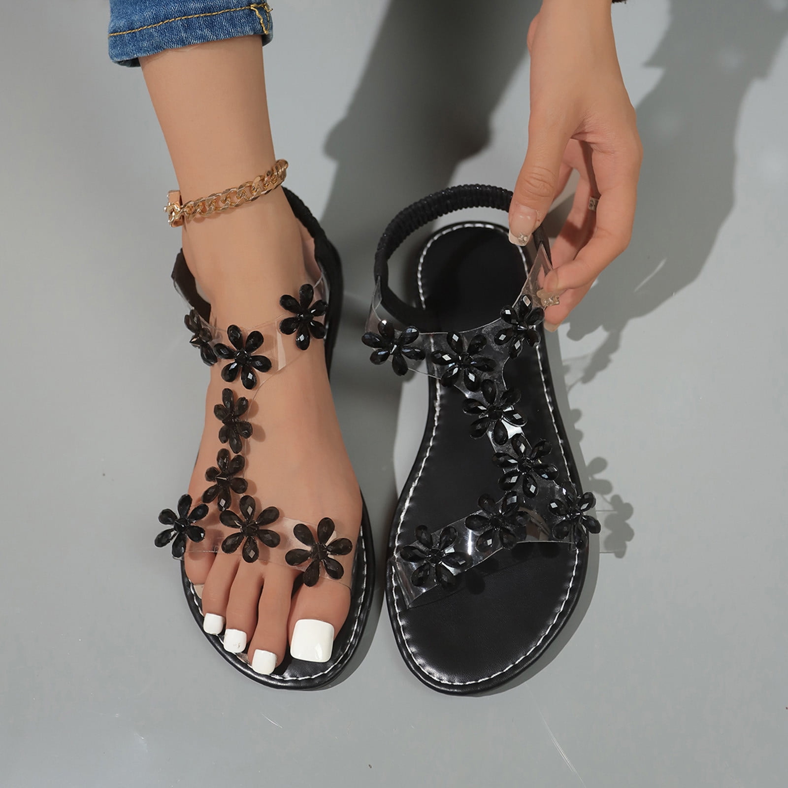 YOUSNH Ladies Summer Rhinestones with Butterfly Flowers Flat Clear Line ...