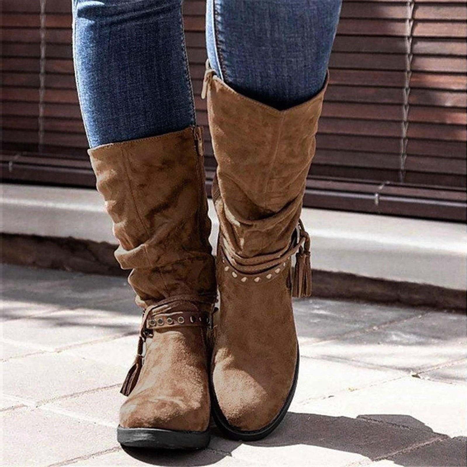 YOUSNH Ladies Winter New Solid Color Mid Calf Boots Large Size Round ...
