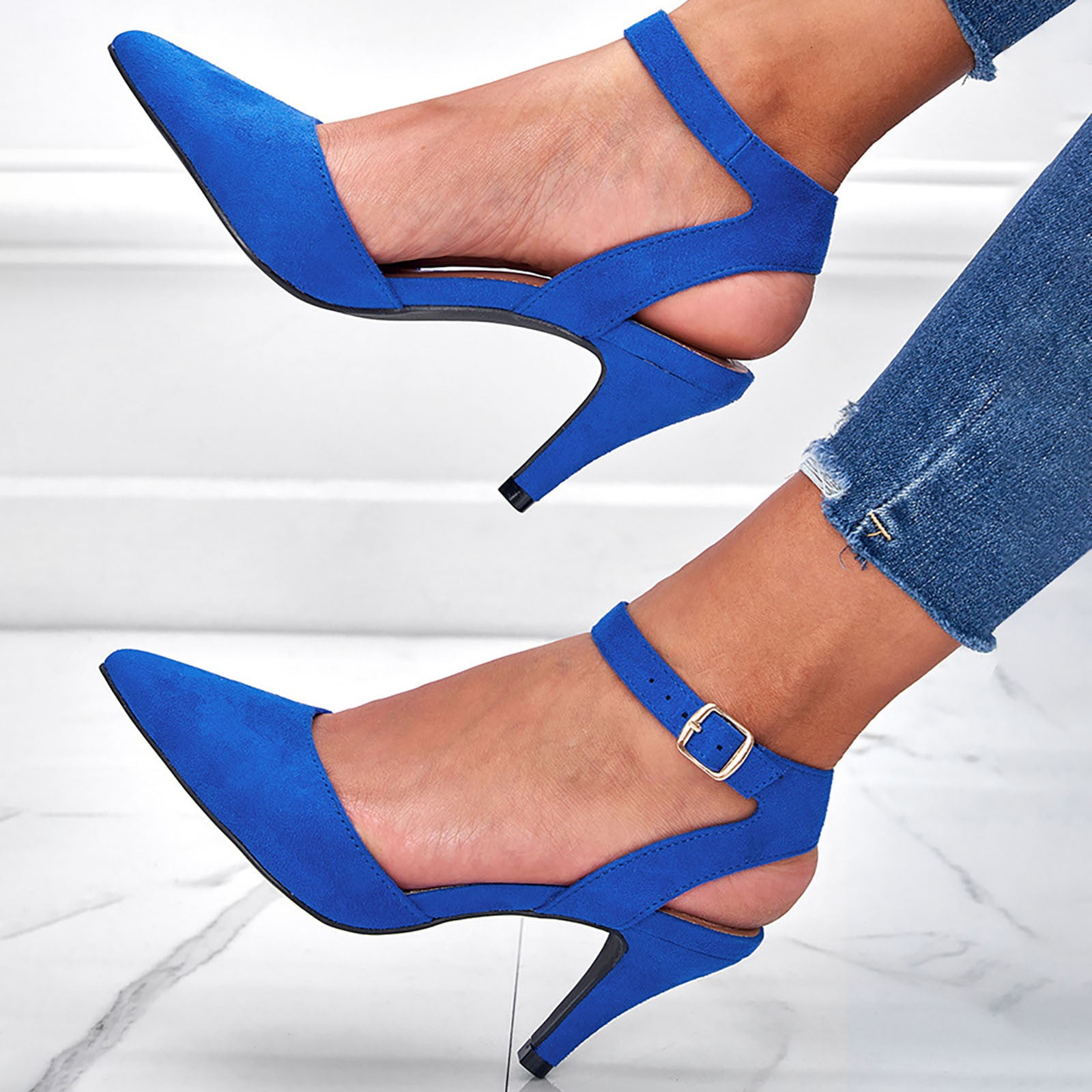 YOUSNH Summer Pointed Toe Square Buckle Shoes High Heels Fashionable ...
