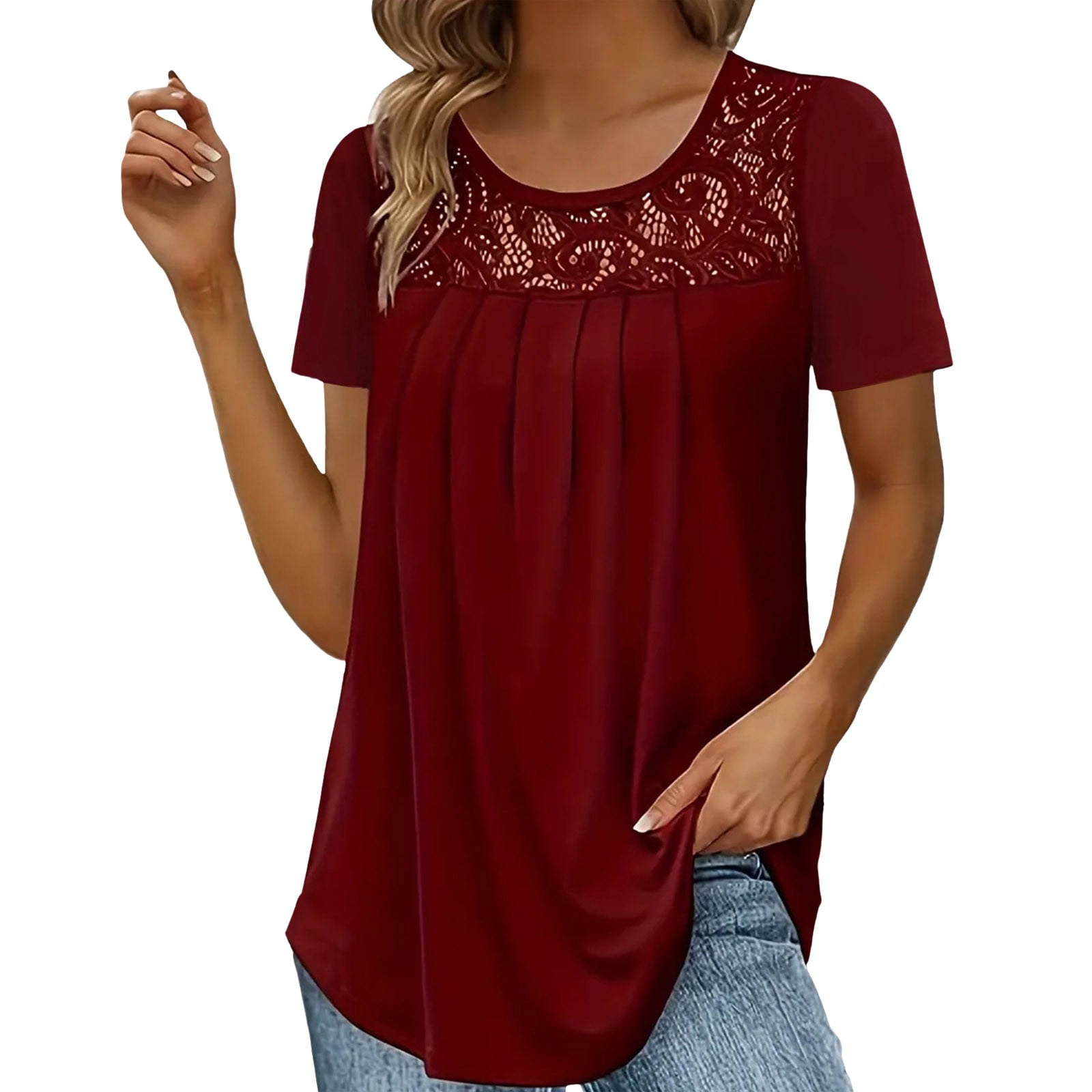 Yousnh Summer Vest Loose Pleated Square Neck Short Sleeve Top Curved