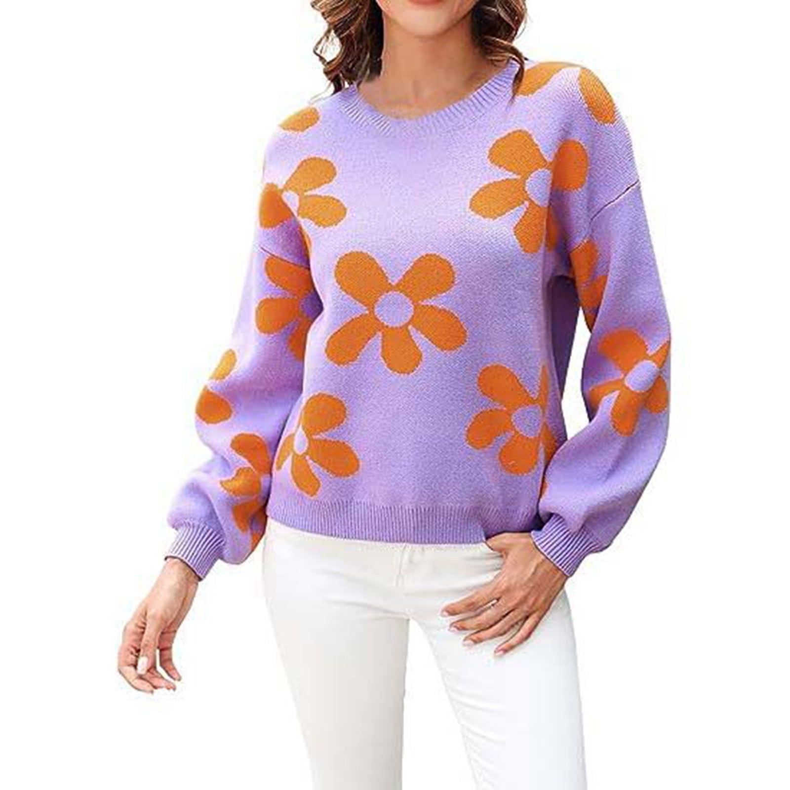 YOUSNH Women Fashion Casual Long Sleeve Knit Sweater Lightweight Flower ...