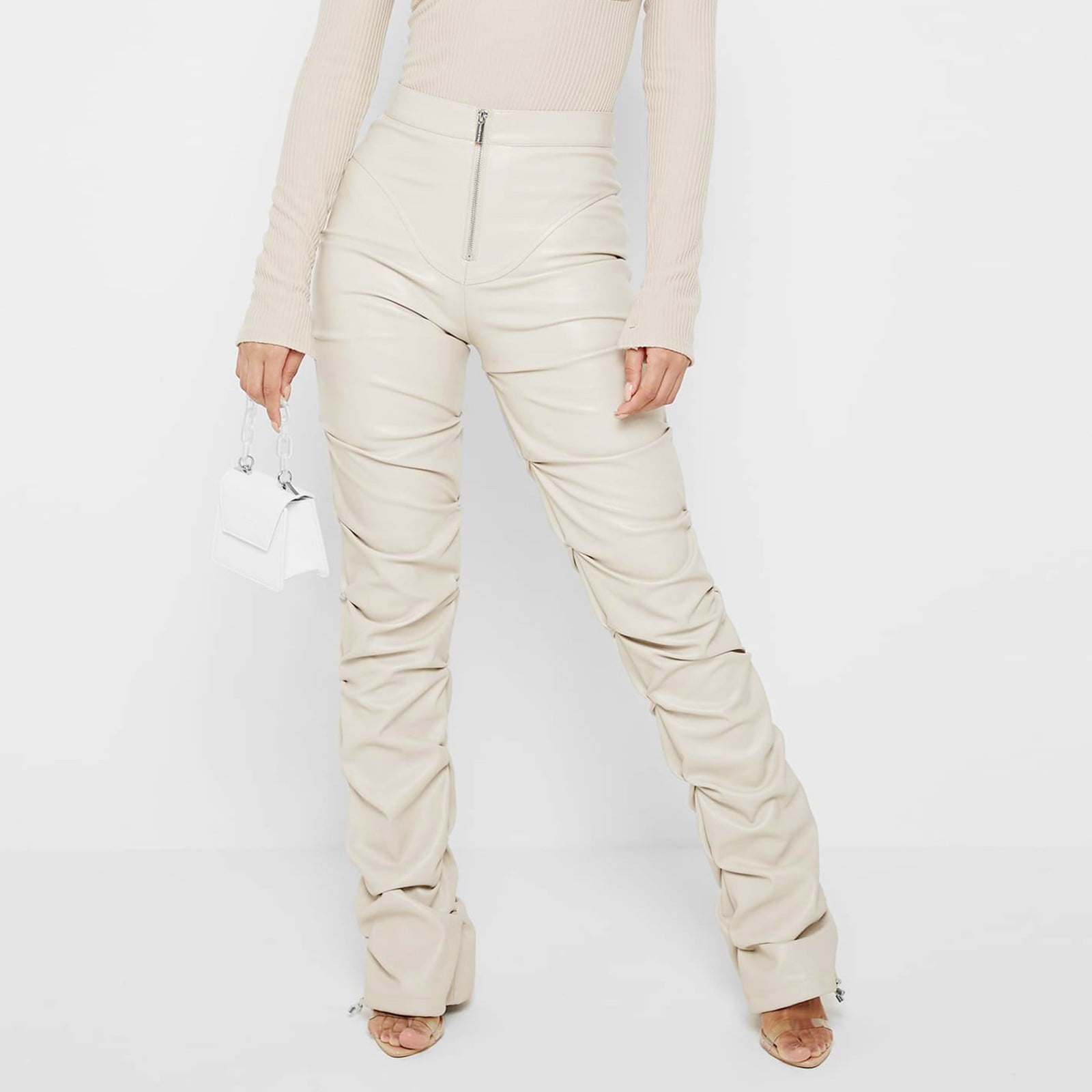 YOUSNH Women Leather Ruched Pants Low Waist Skinny PU Leather Stacked ...