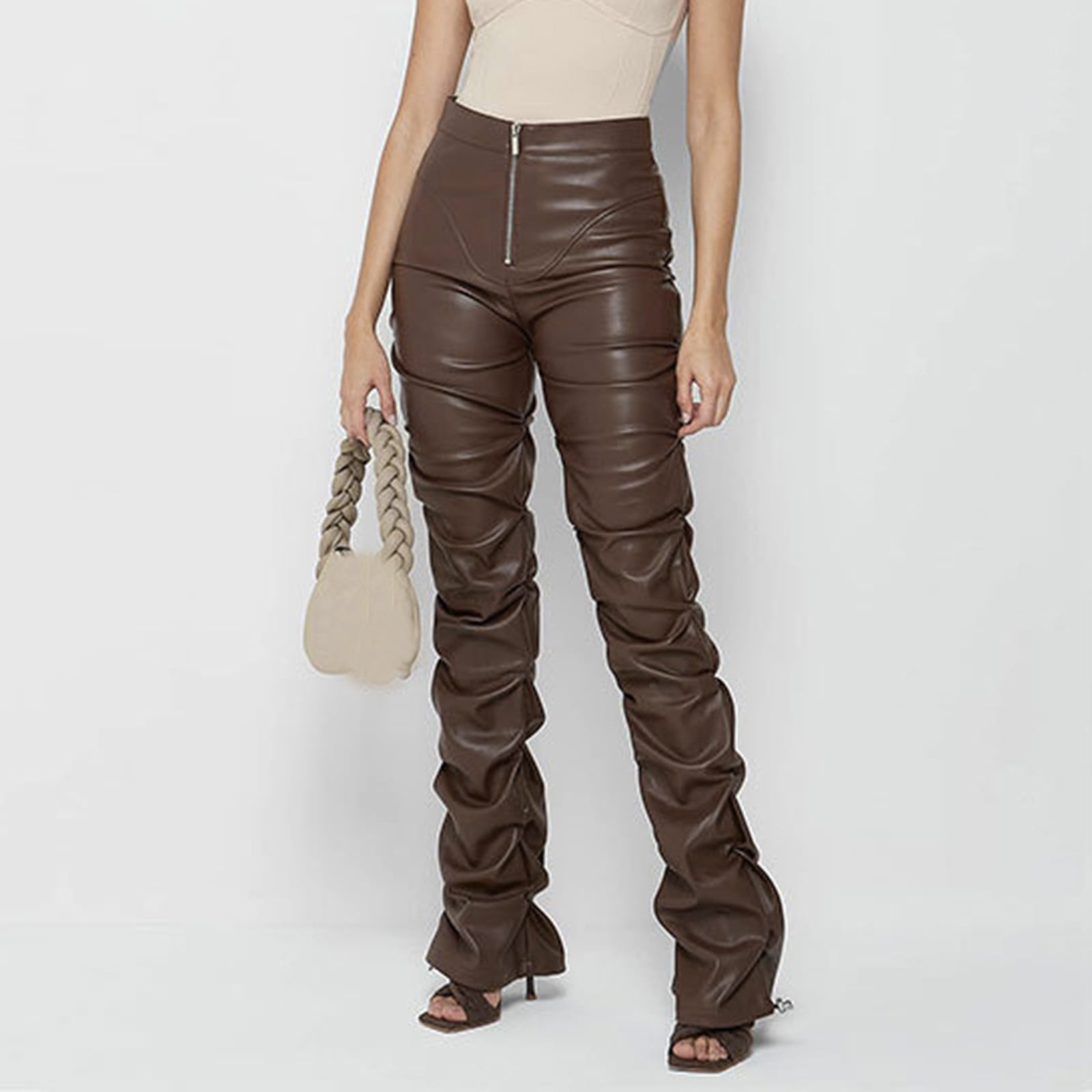 YOUSNH Women Leather Ruched Pants Low Waist Skinny PU Leather Stacked ...