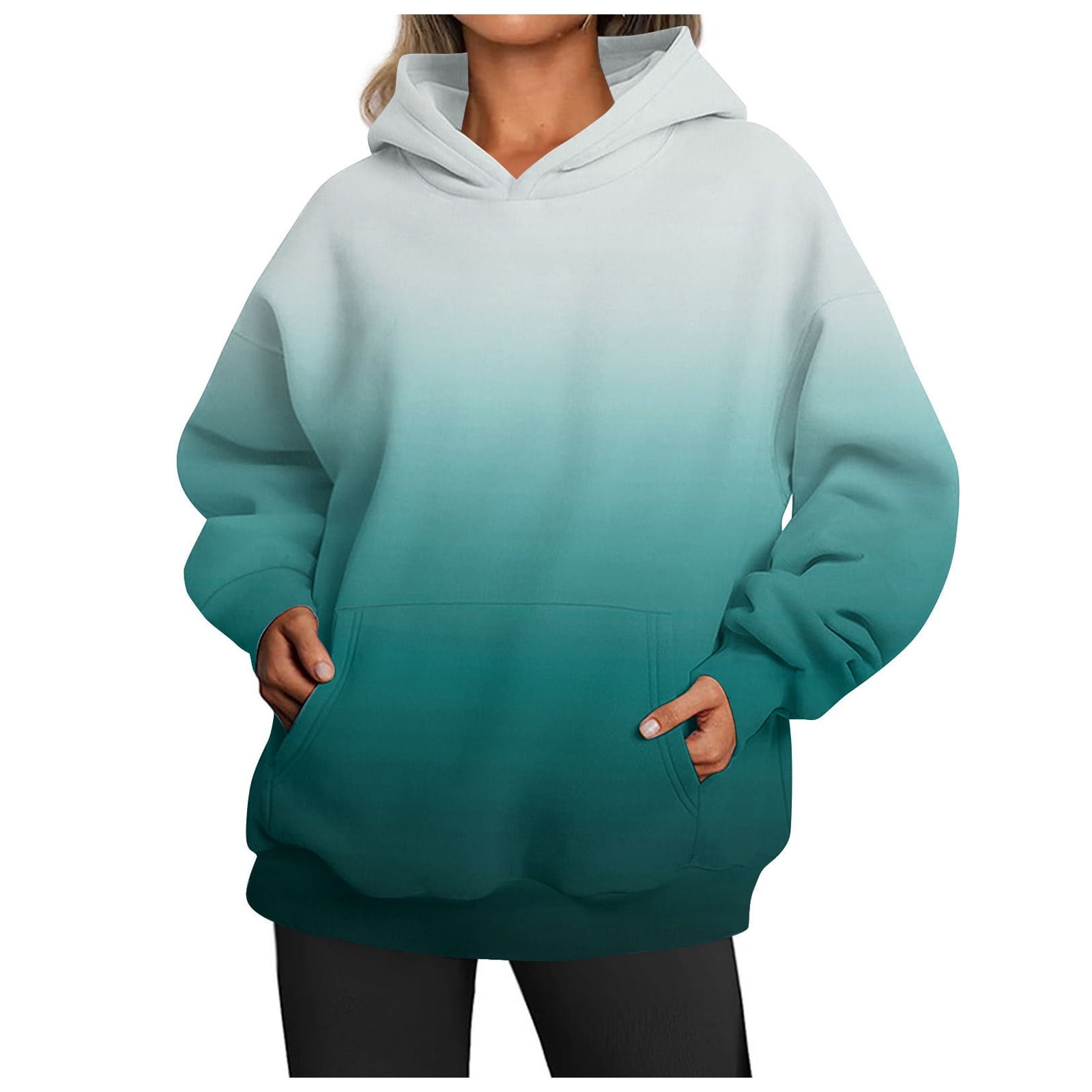 YOUSNH Women's Casual Crew Neck Pocket Gradient Hoodie Casual ...