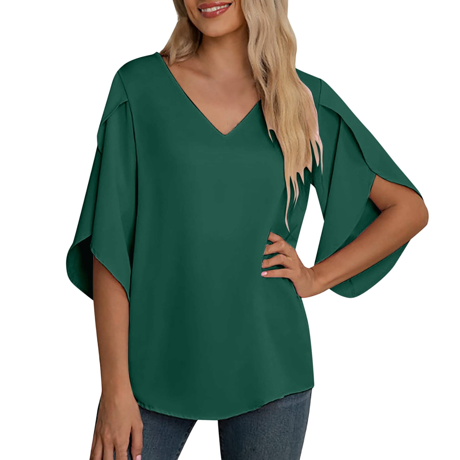 YOUSNH Women's Fall Casual 3/4 Ruffled Sleeve Chiffon Blouse Tops for ...
