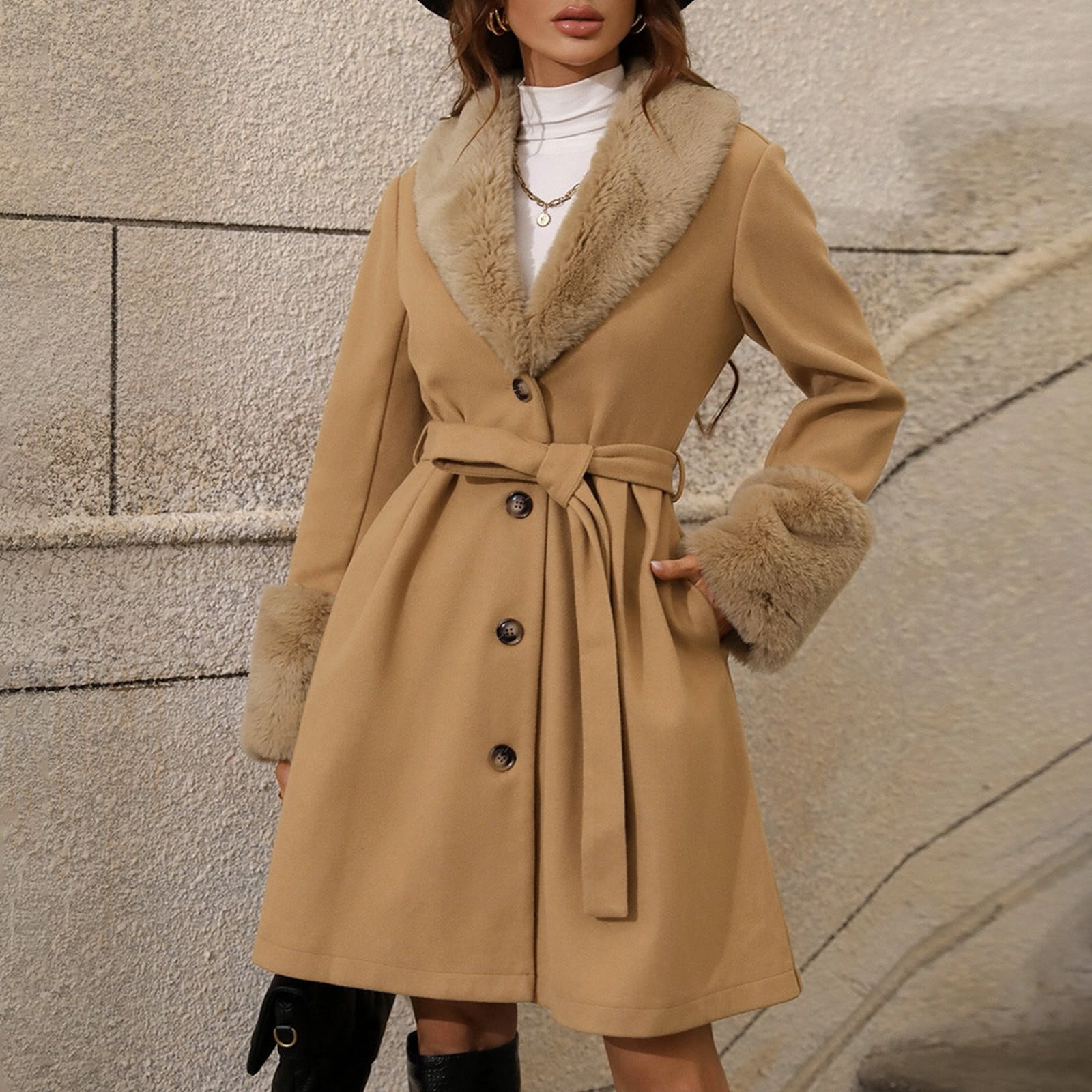 YOUSNH Women's Mid Length Lapel Open Front Belted Trench Coat Womens ...