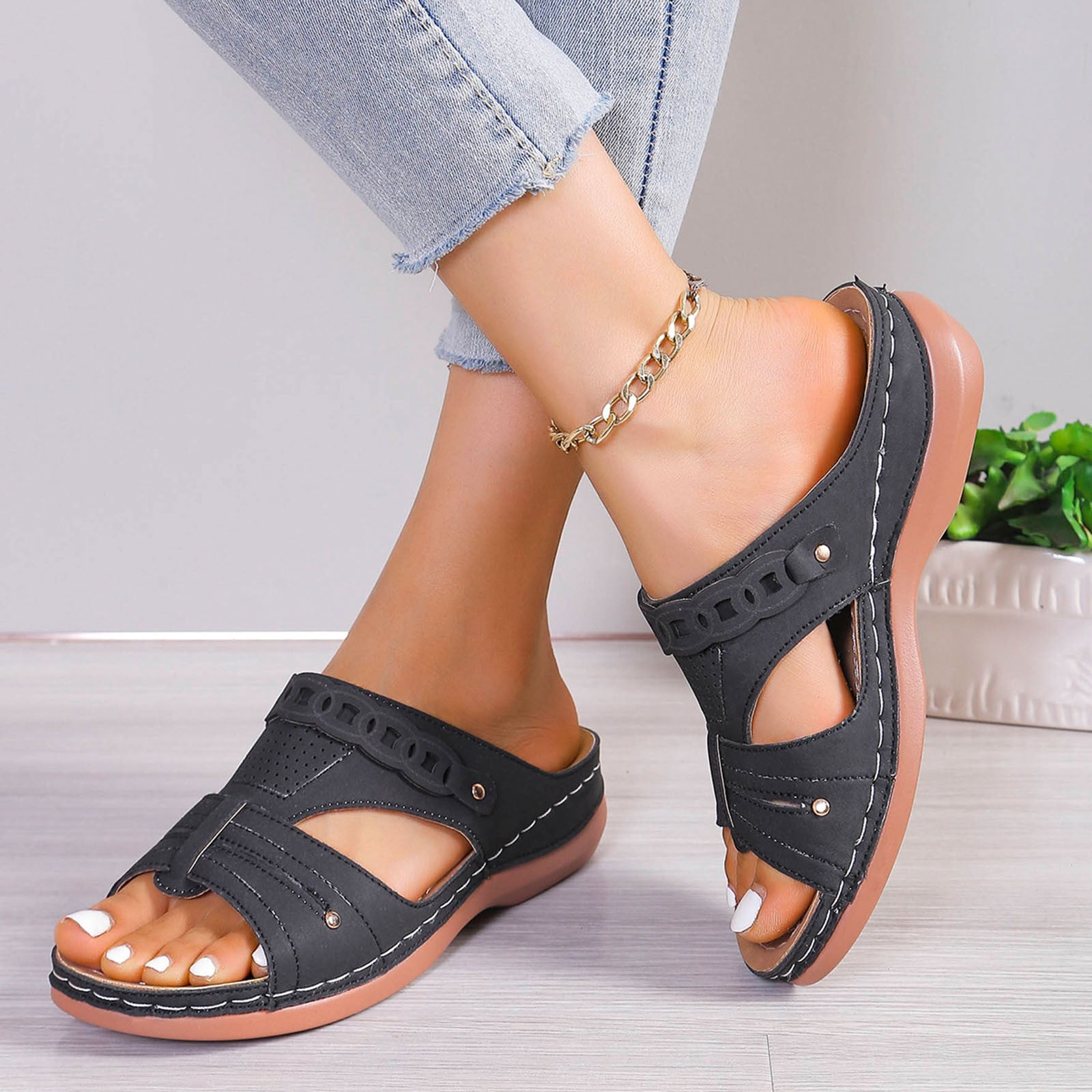 YOUSNH Women's Summer Fashion Open Toe Slope Heel Leather Solid Color ...