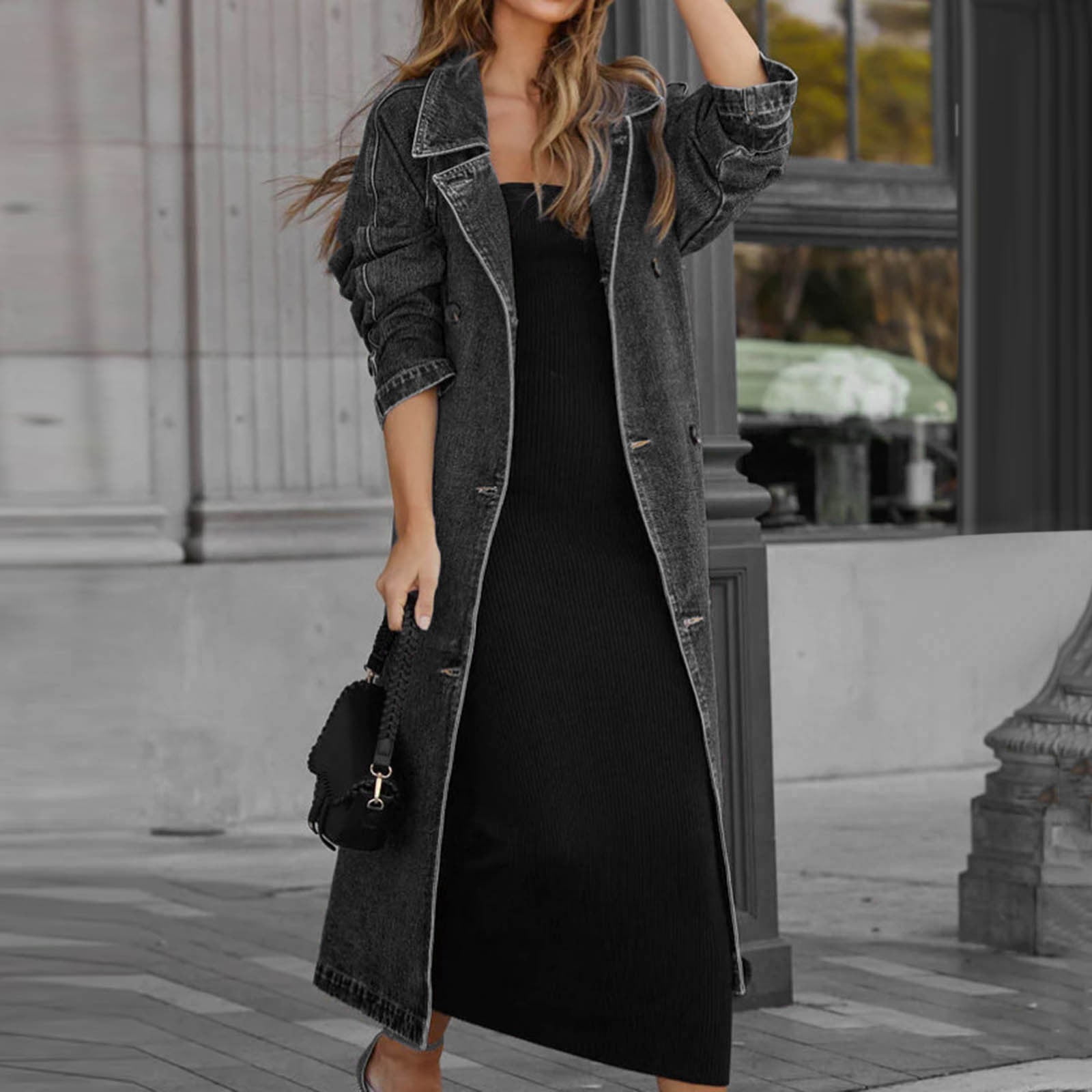 YOUSNH Women's Vintage Midi Long Jean Jacket Loose Fit Double Denim ...