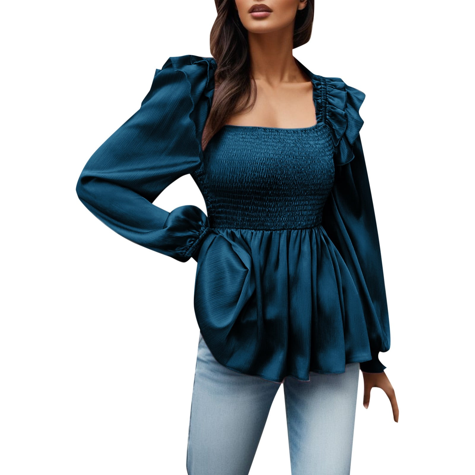 YOUSNH Womens Sexy Frill Blouse Crop Top Vintage Square Neck Long Sleeve Ruched Shirt Top Womens ...