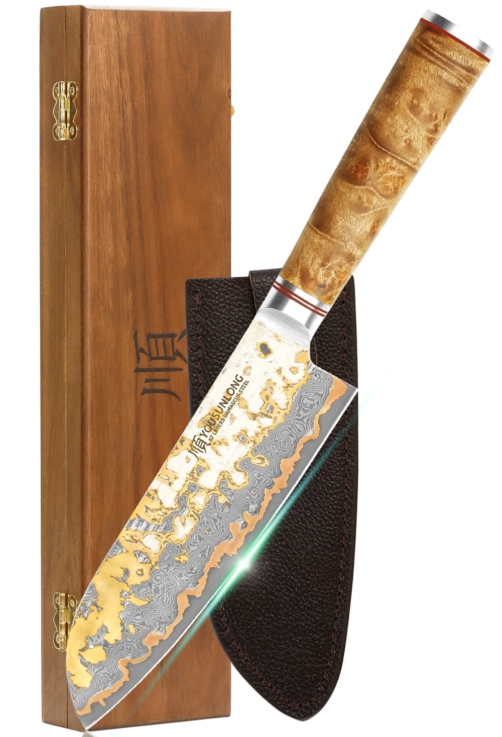 YOUSUNLONG Santoku Knife 7" - Japanese Handmade Copper Damascus Steel Asian Knife - Kitchen ...