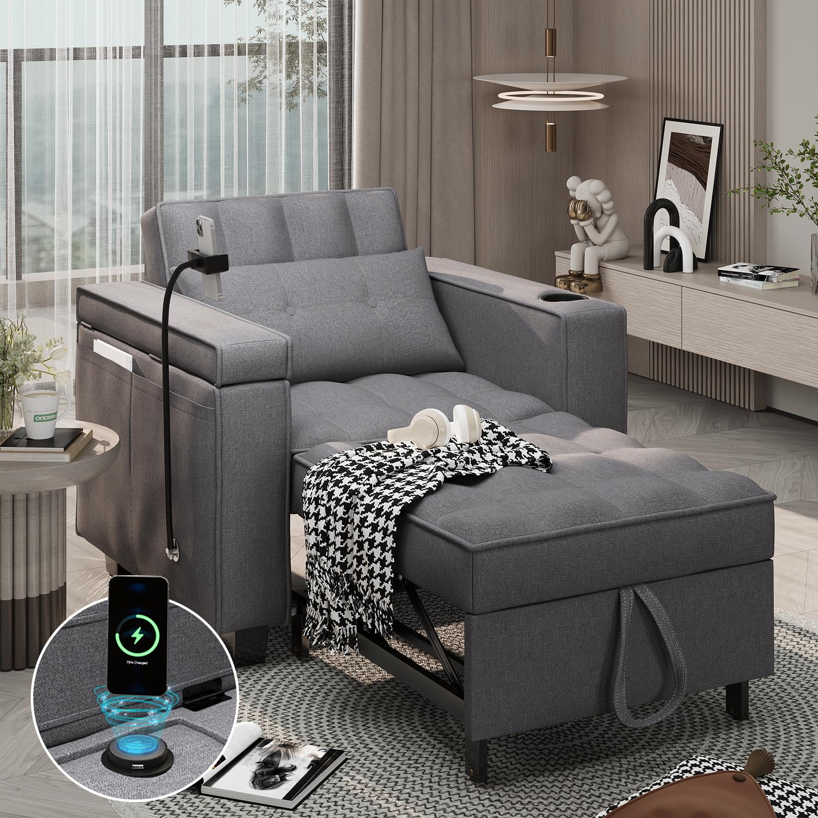 YOUTH 3-in-1 Convertible Sleeper Chair, Futon Linen Sofa Bed with ...