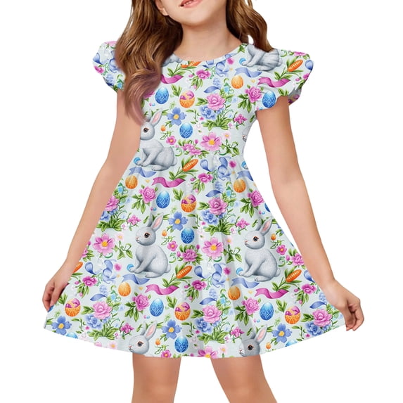 YOUYEDIAN Girls Easter Patchwork Flutter Sleeve Dress Fashion Crew Neck ...