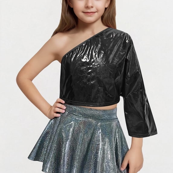 YOUYEDIAN Girls Sequin Dance Tshirts Trendy One Shoulder Metallic ...