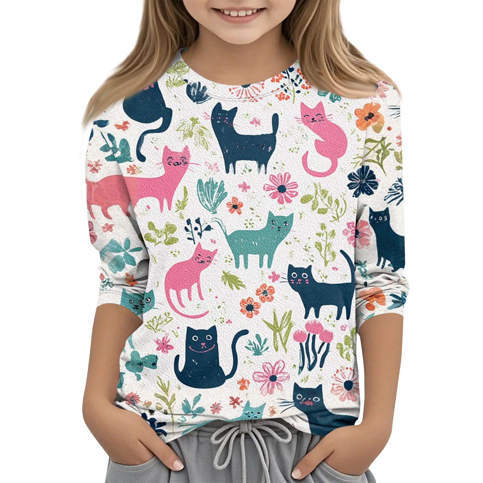 YOUYEDIAN Kids Girls 3/4 Sleeve Shirts Size 9-10 Cartoon Print Top ...