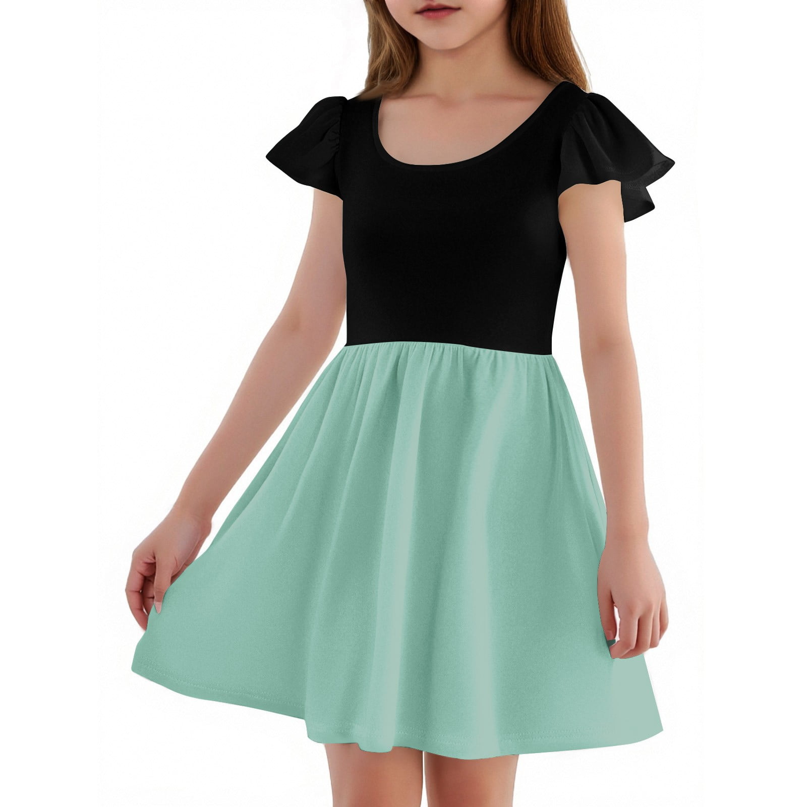 YOUYEDIAN Mint Green Girls' Dresses Ruffle Sleeve Patchwork Dress Girl ...