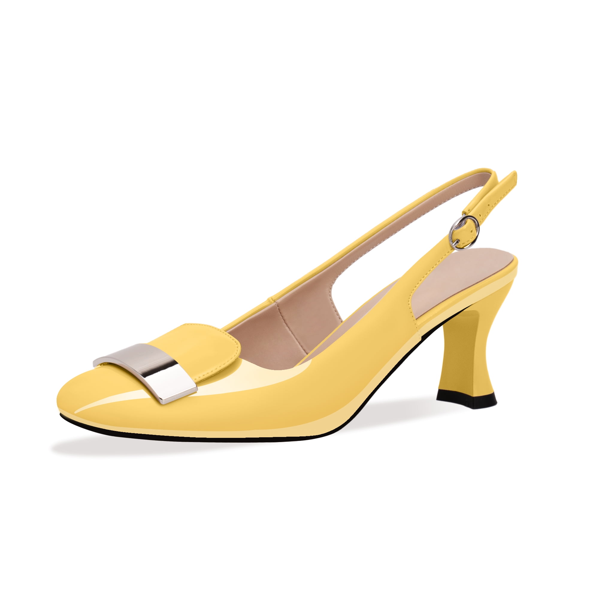 YOWMNS Women's Low Heel Slingback Square Toe Pumps Buckle Strap Patent ...