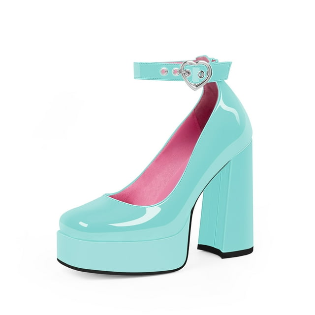 YOWMNS Women's Platform High Block Heel Pumps Square Toe Ankle Strap ...