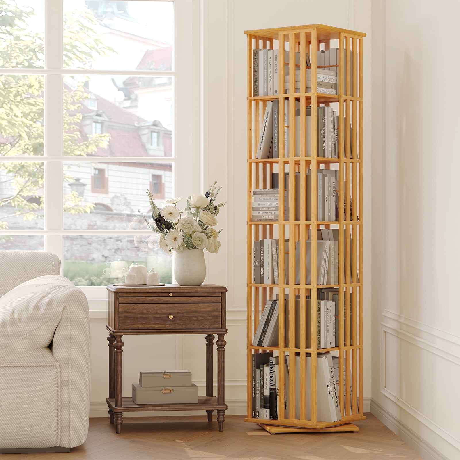 YOWOS 6-Tier Bamboo Rotating Bookcase Tower, 360° Swivel Corner ...